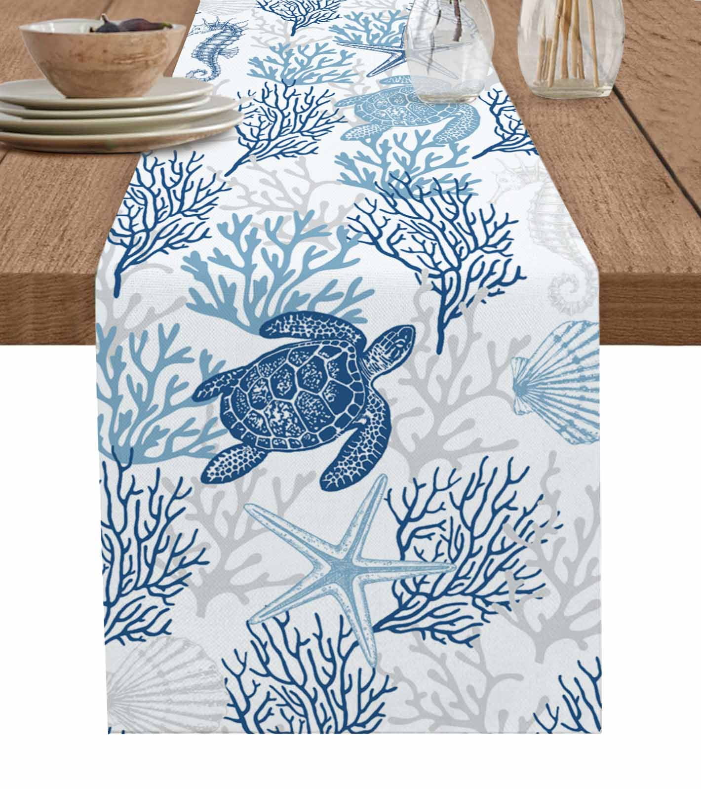 Navy Blue Grey Coastal Table Runner Sea Turtle Nautical Coral Summer ...