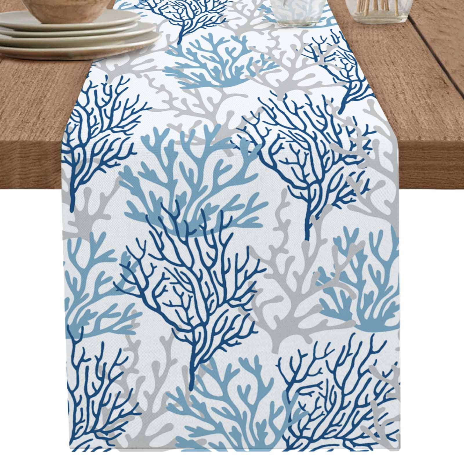 Navy Blue Grey Coral Table Runner 108 Inches Long for Dining Table ...