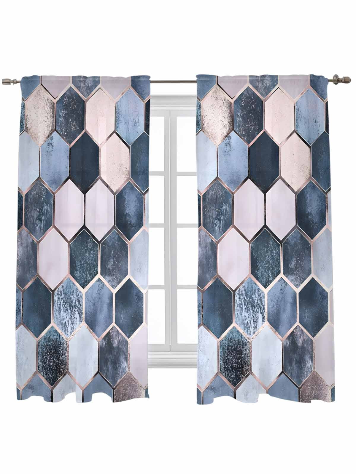 Navy Blue Grey Curtains 63 Inch Length, Sheer Curtains for Bedroom ...