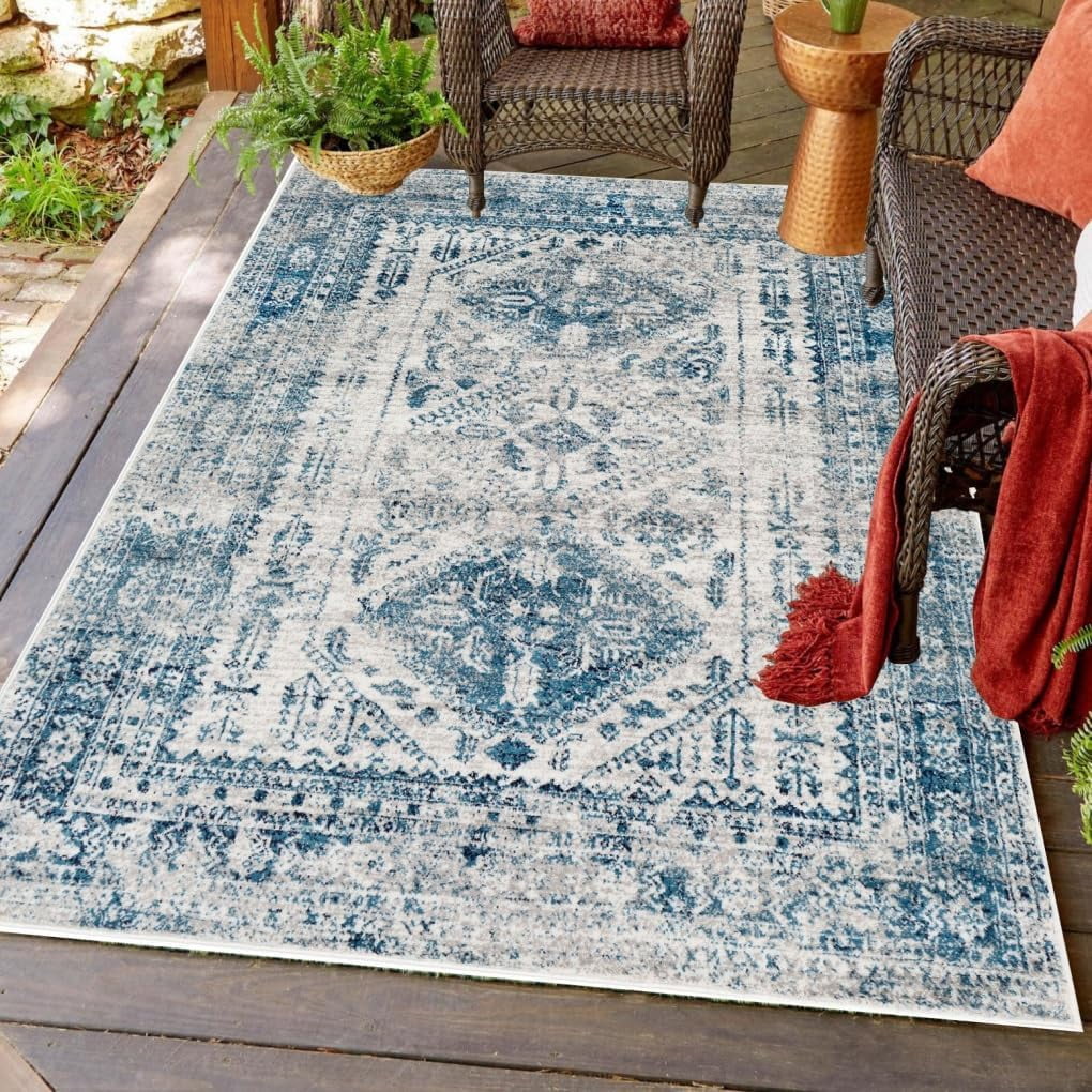 Navy Blue Grey Distressed Abstract Texture Boho Outdoor Rug For Balcony ...