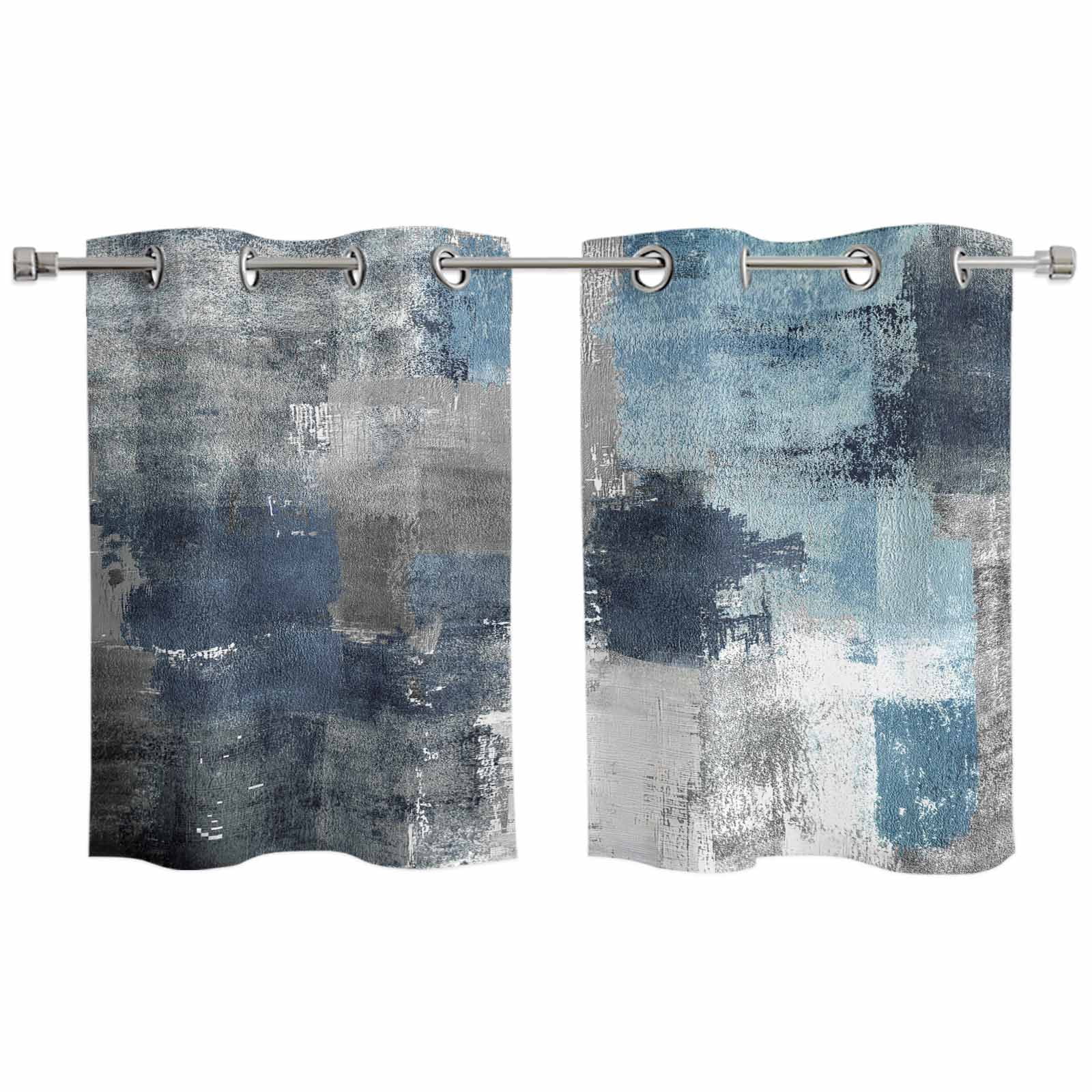 Navy Blue Grey Kitchen Curtains Small Short 39 Inch Length, Modern Oil ...