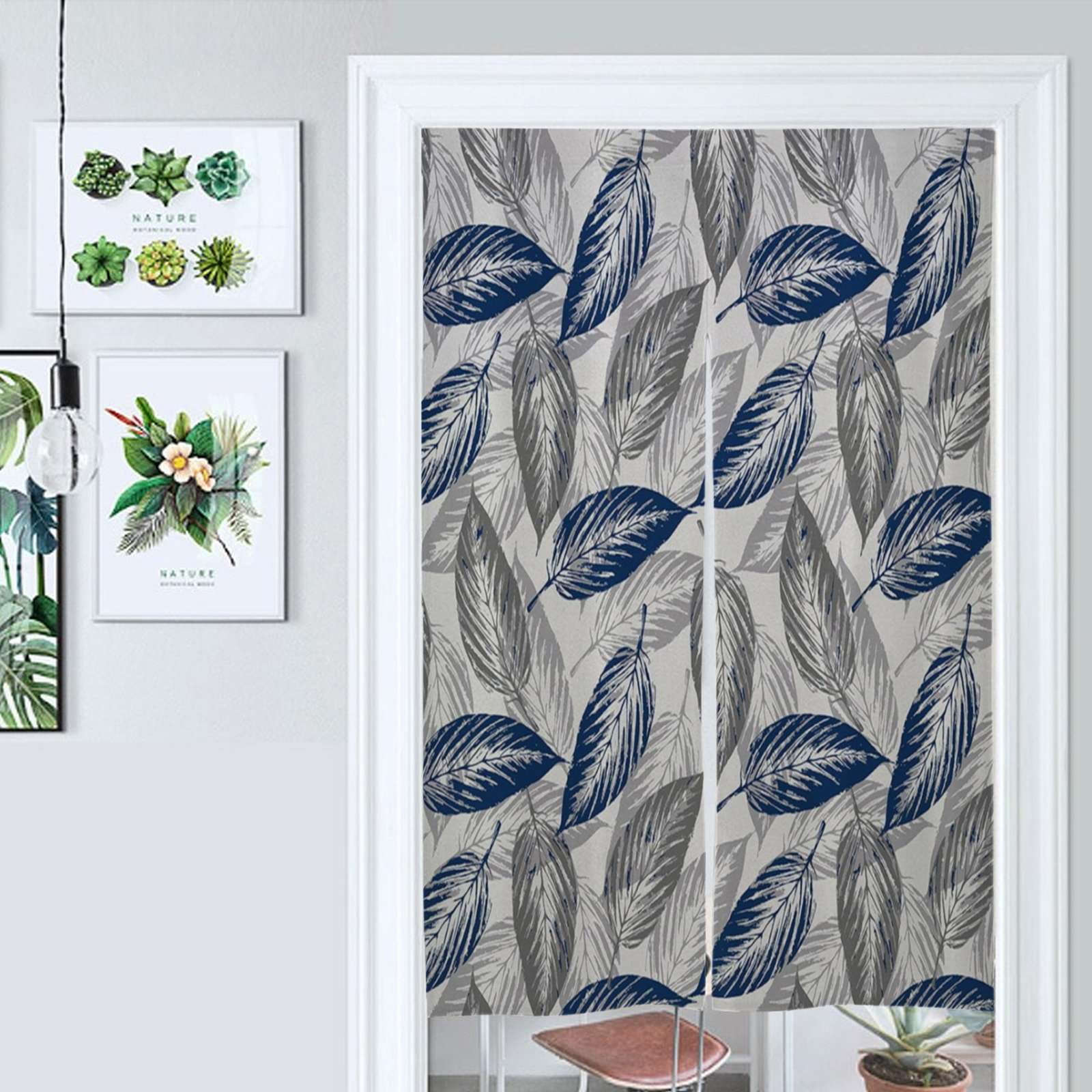 Navy Blue Grey Leaf Door Curtain Nordic Living Room DoorCurtain Porch ...