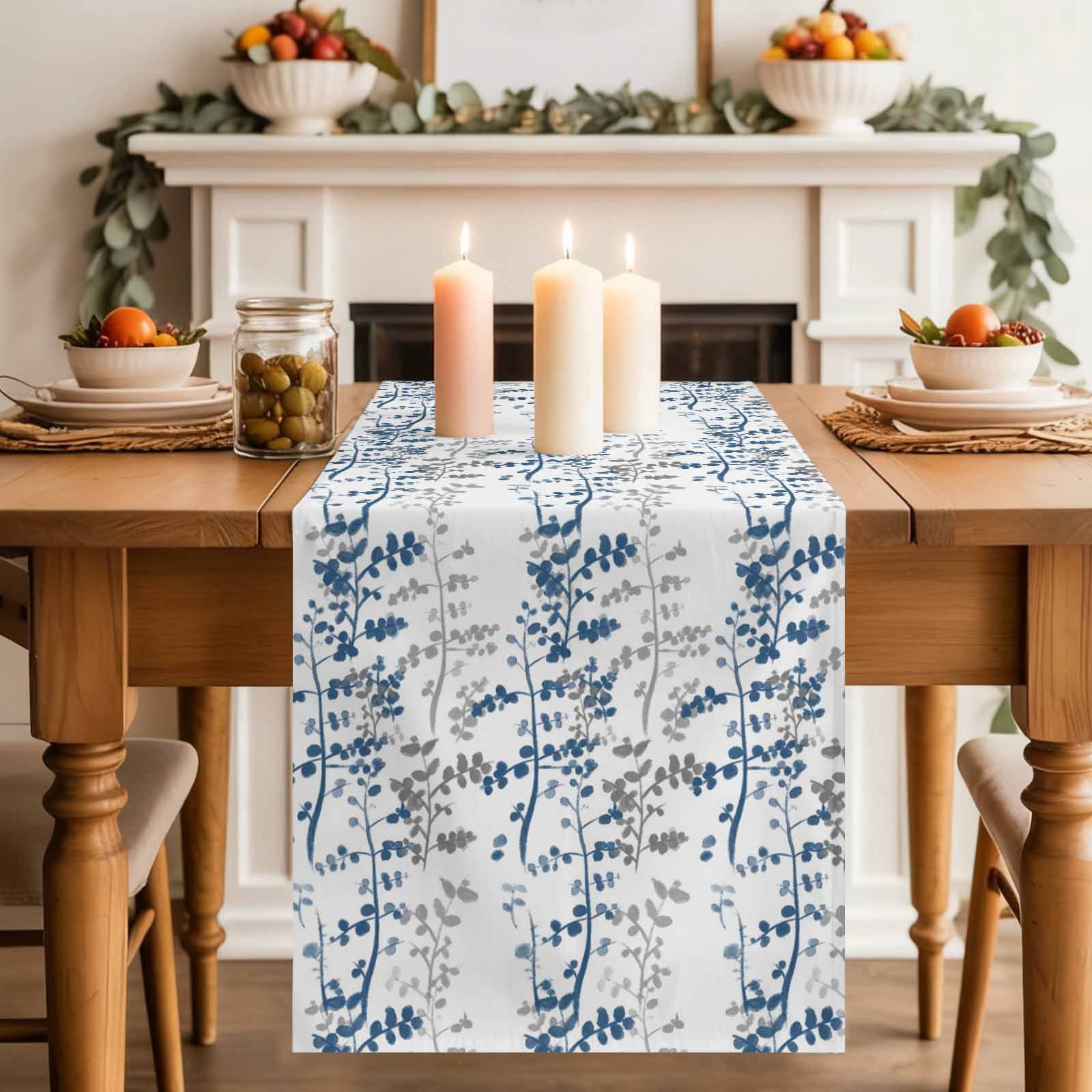 Navy Blue and Grey Leaf Table Runner, Abstract Farm Plants Floral ...