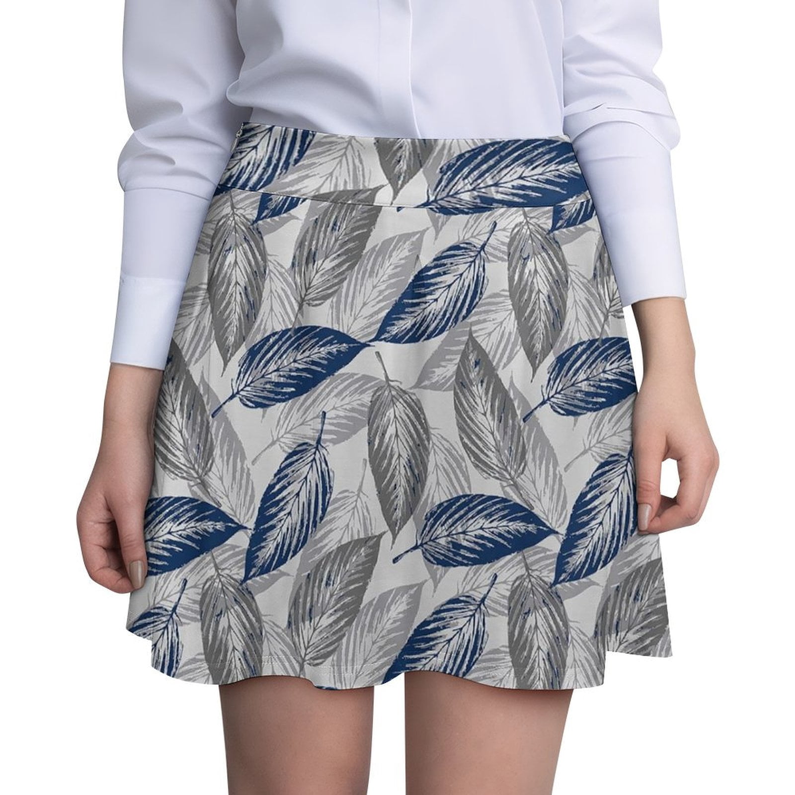 Navy Blue Grey Leaf Women's Casual Mini Skirt Invisible Zipper Summer ...