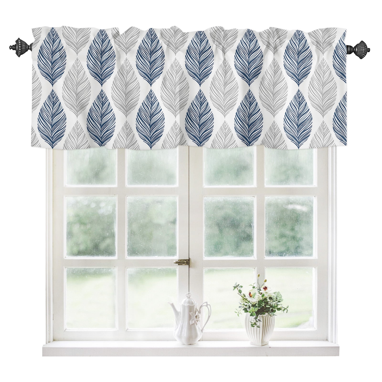 Navy Blue Grey Leaves Kitchen Valances for Windows 42x12 Inch Kitchen ...