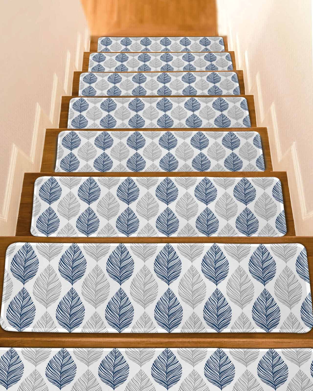 Navy Blue Grey Leaves Stair Treads for Wooden Steps Indoor Runner Rug ...
