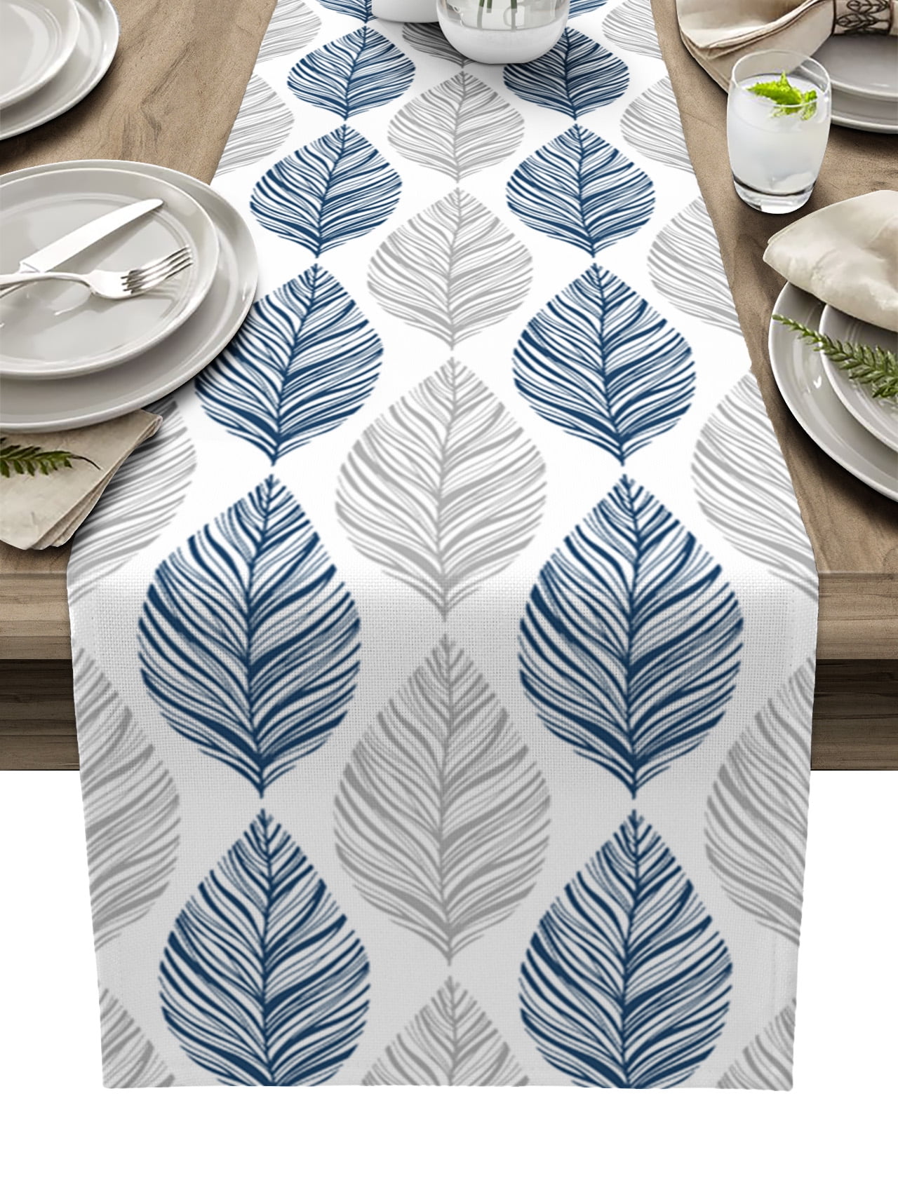 Navy Blue Grey Leaves Table Runner Summer Tropical Plant Aesthetics ...