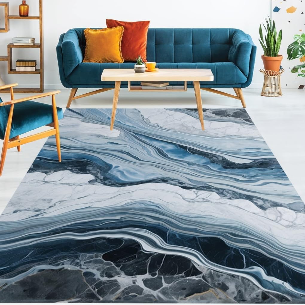 Navy Blue Grey Marble Striped Modern Abstract Luxury Rug For Living ...