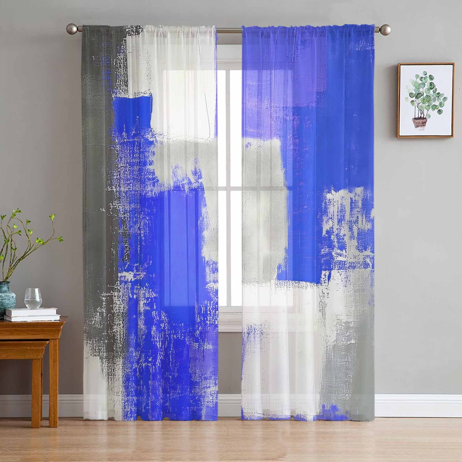 Navy Blue Grey Oil Painting Semi Sheer Window Curtains 96 Inches Long ...