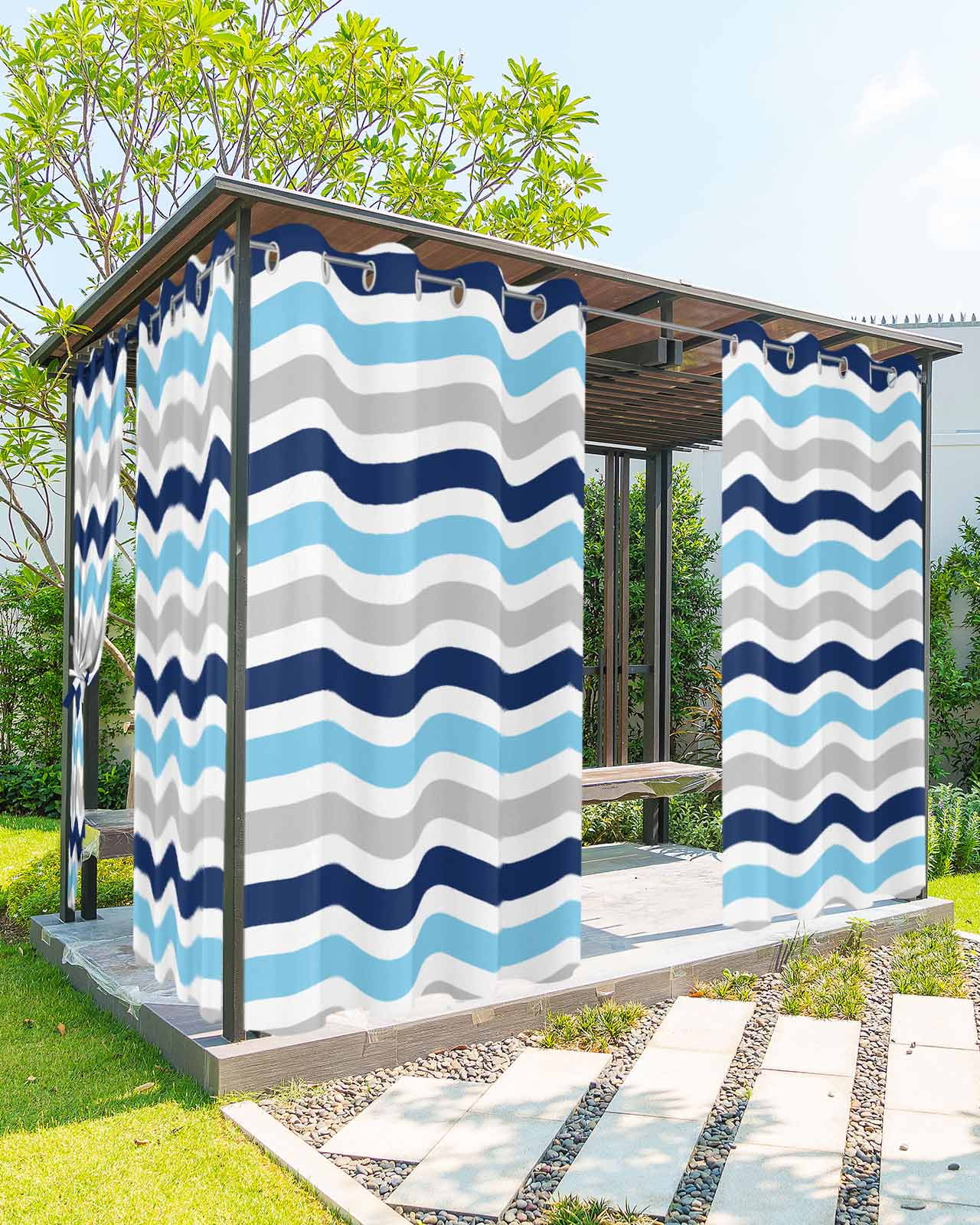 Navy Blue Grey Outdoor Curtains for Patio Waterproof,Abstract Geometric ...