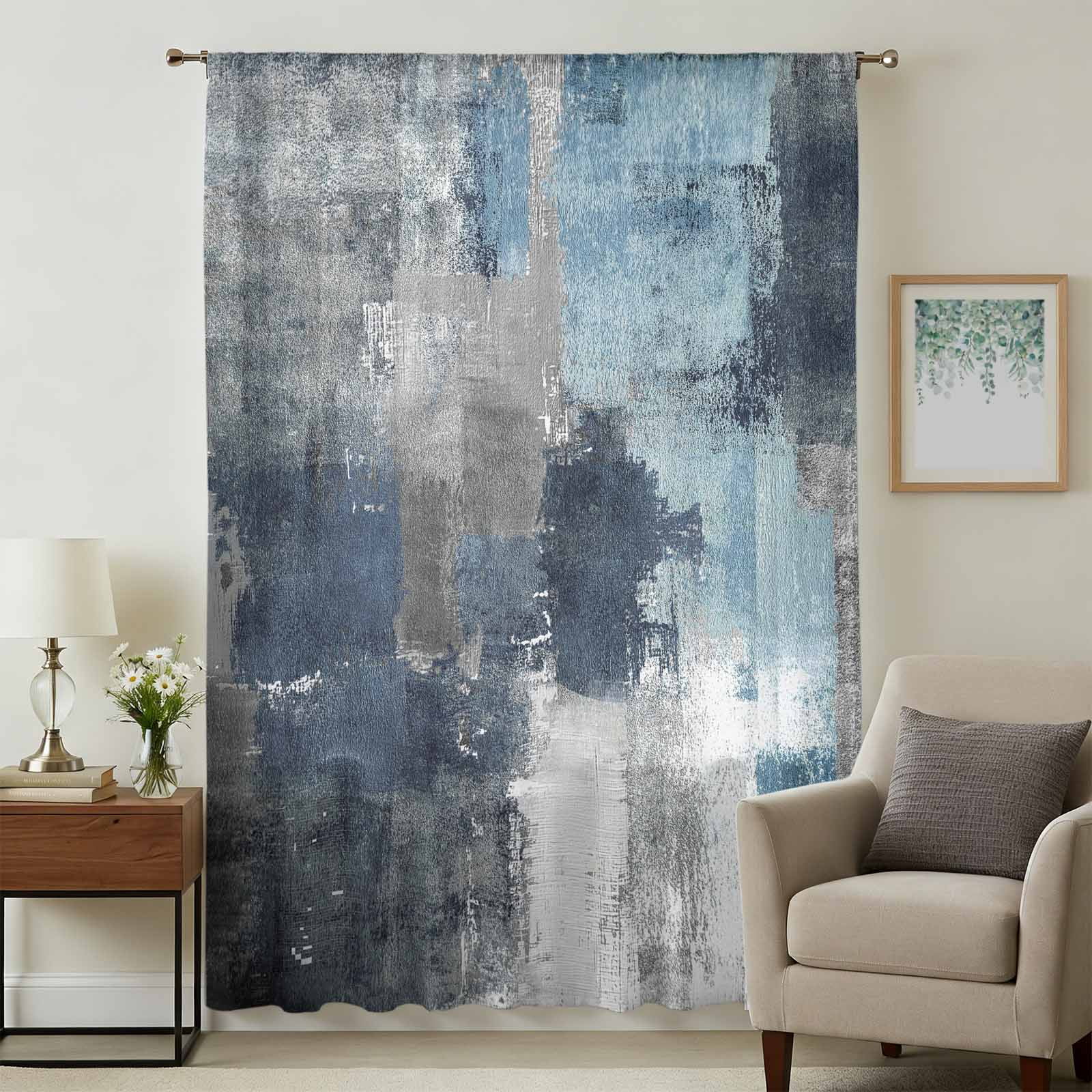 Navy Blue Grey Sheer Curtains 84 Inches Long, Modern Oil Painted ...