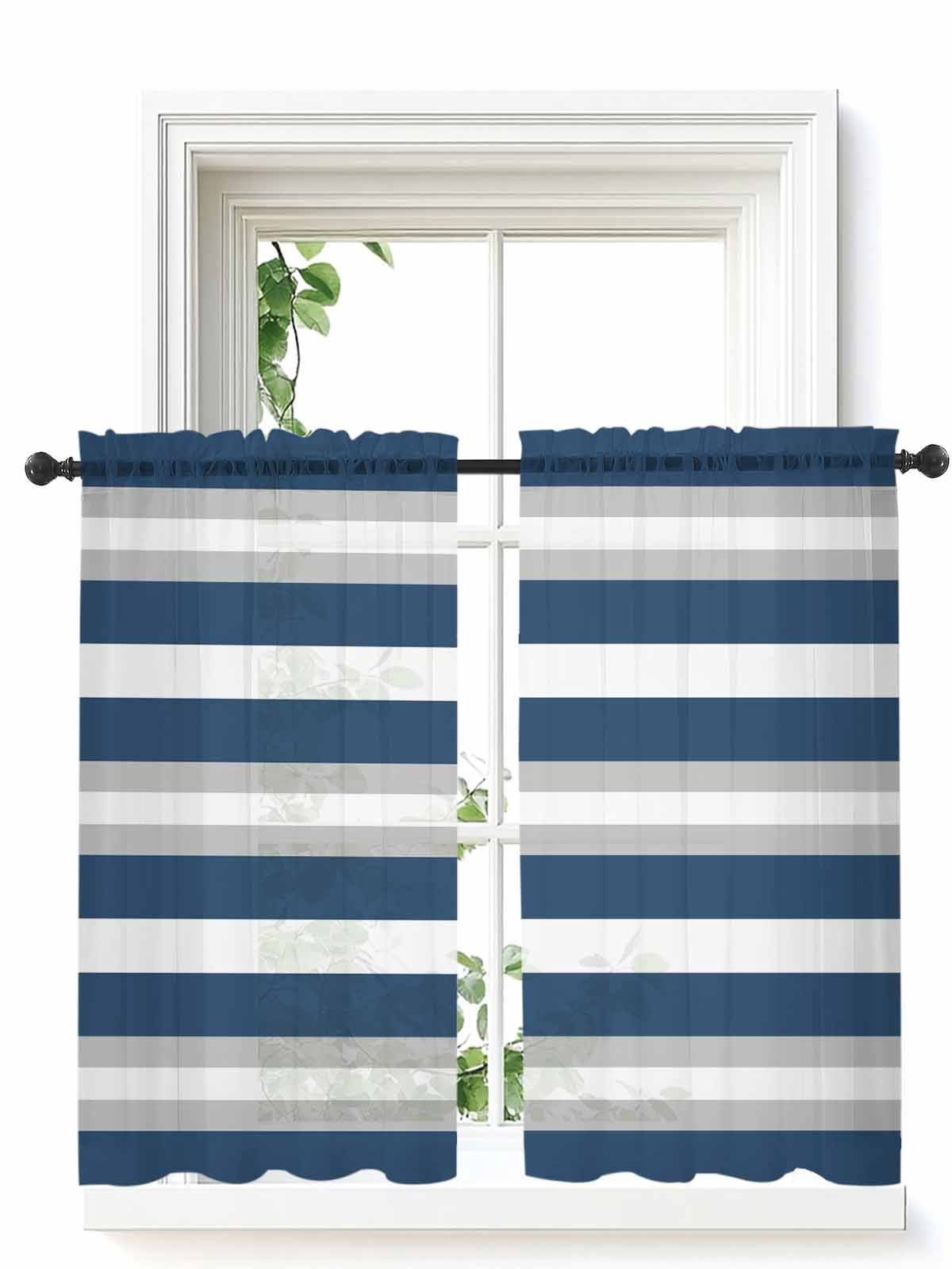Navy Blue Grey Stripe Curtains 54 Inch Length, Sheer Curtains for ...