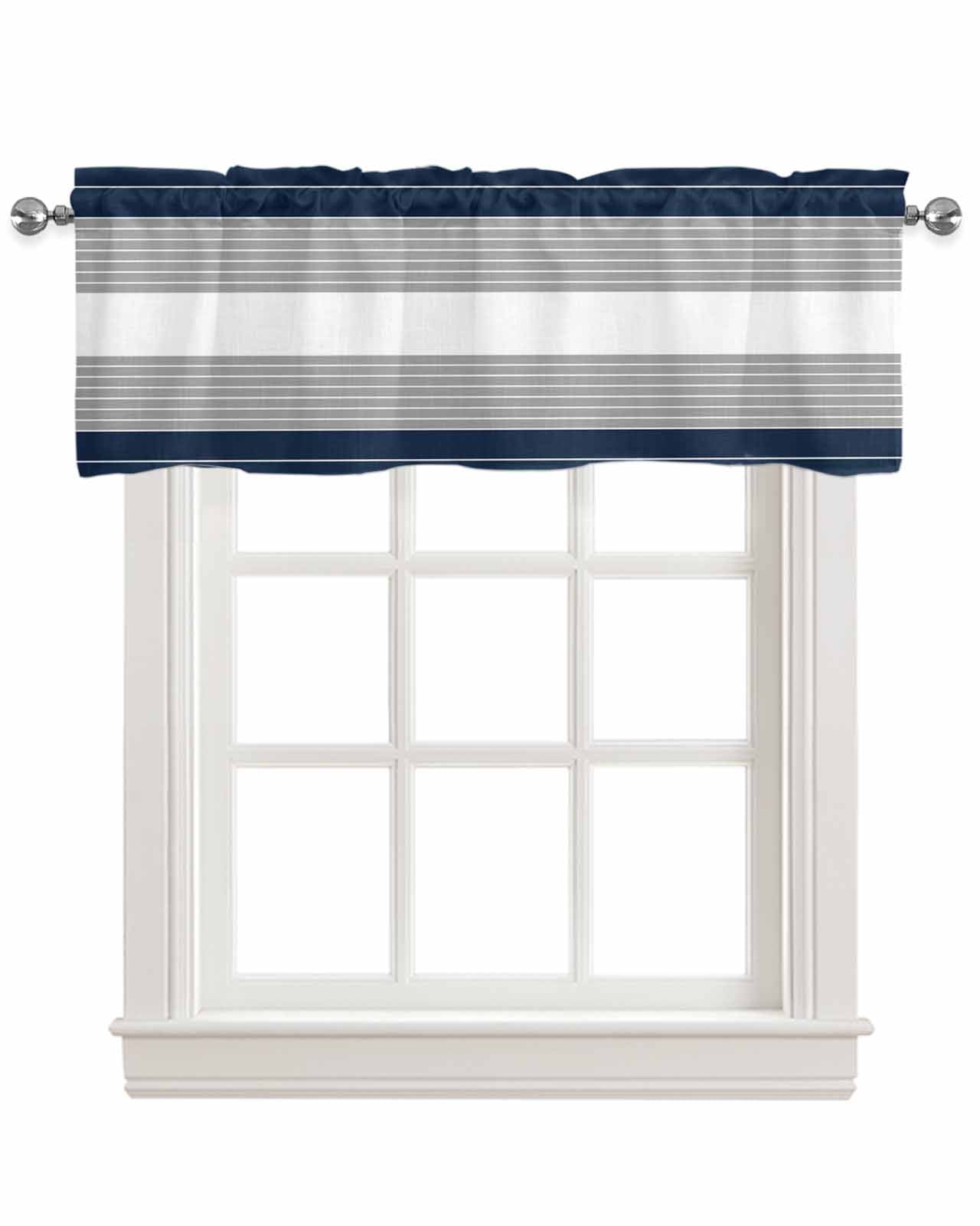 Navy Blue Grey Stripe Kitchen Valances for Windows Farmhouse Linen ...