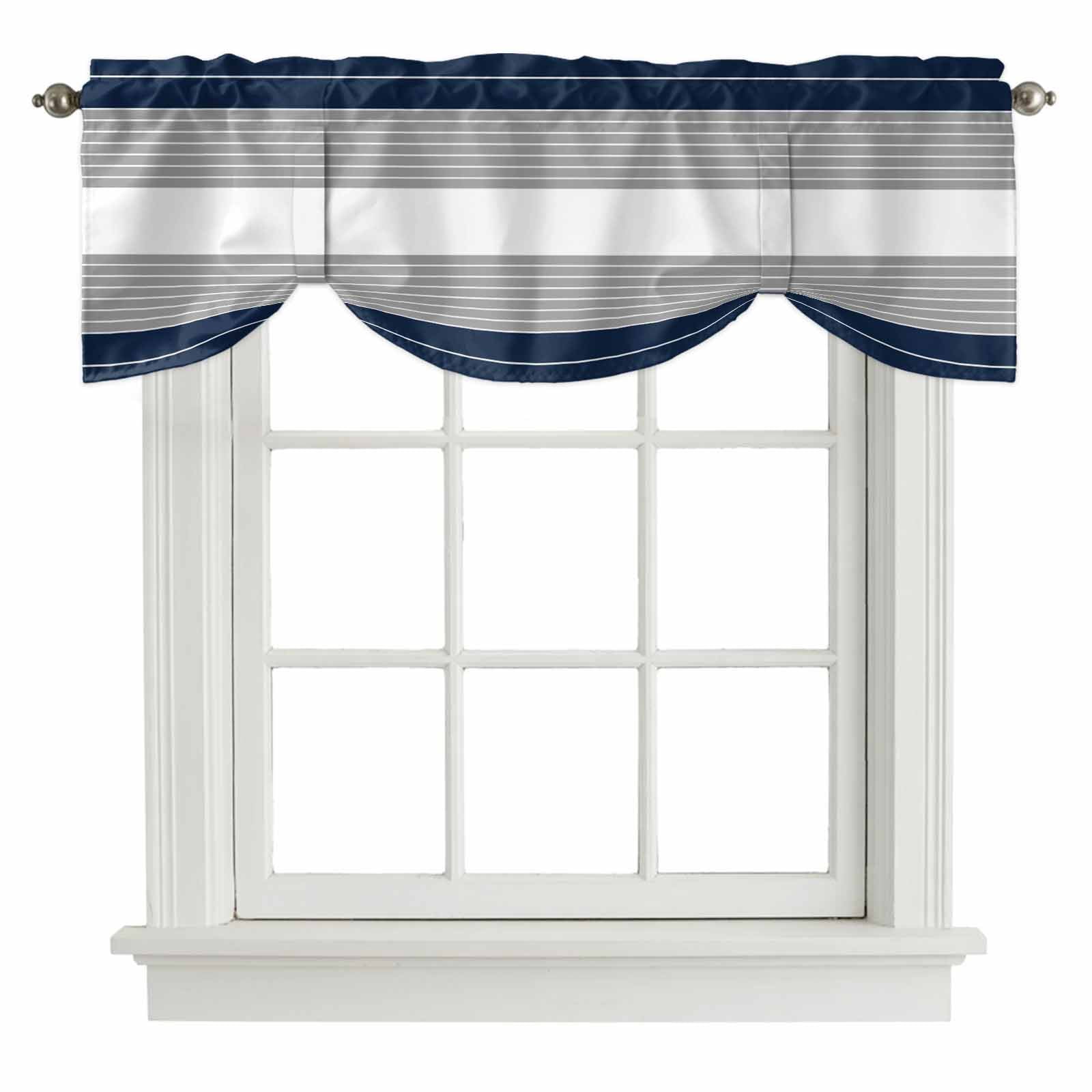 Navy Blue Grey Stripe Tie Up Valance Curtains for Windows, Kitchen ...