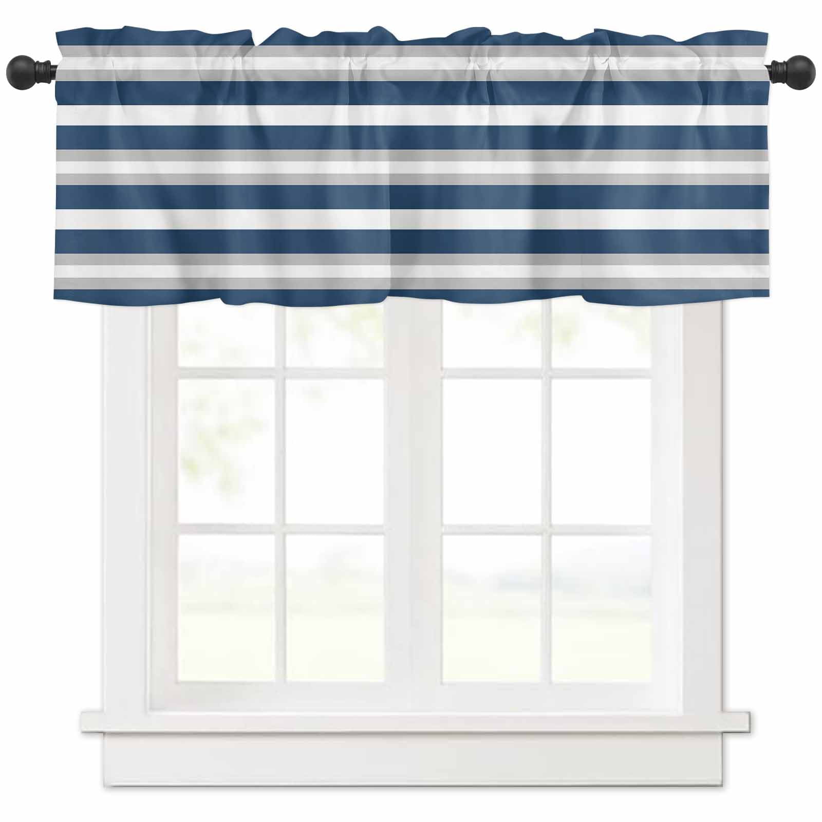 Navy Blue Grey Stripe Valances for Windows Farmhouse Kitchen Curtains ...
