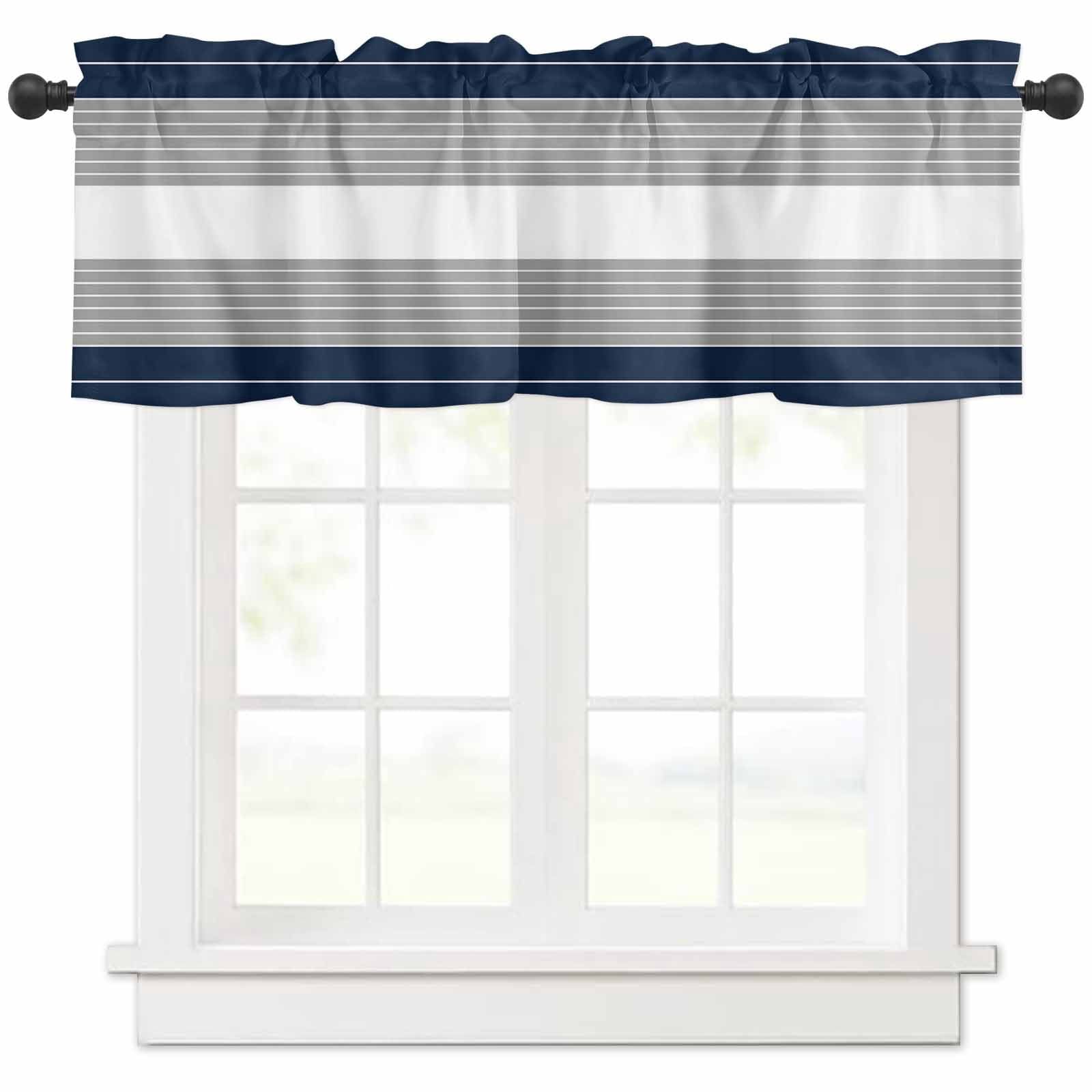 Navy Blue Grey Stripe Valances for Windows Farmhouse Kitchen Curtains ...