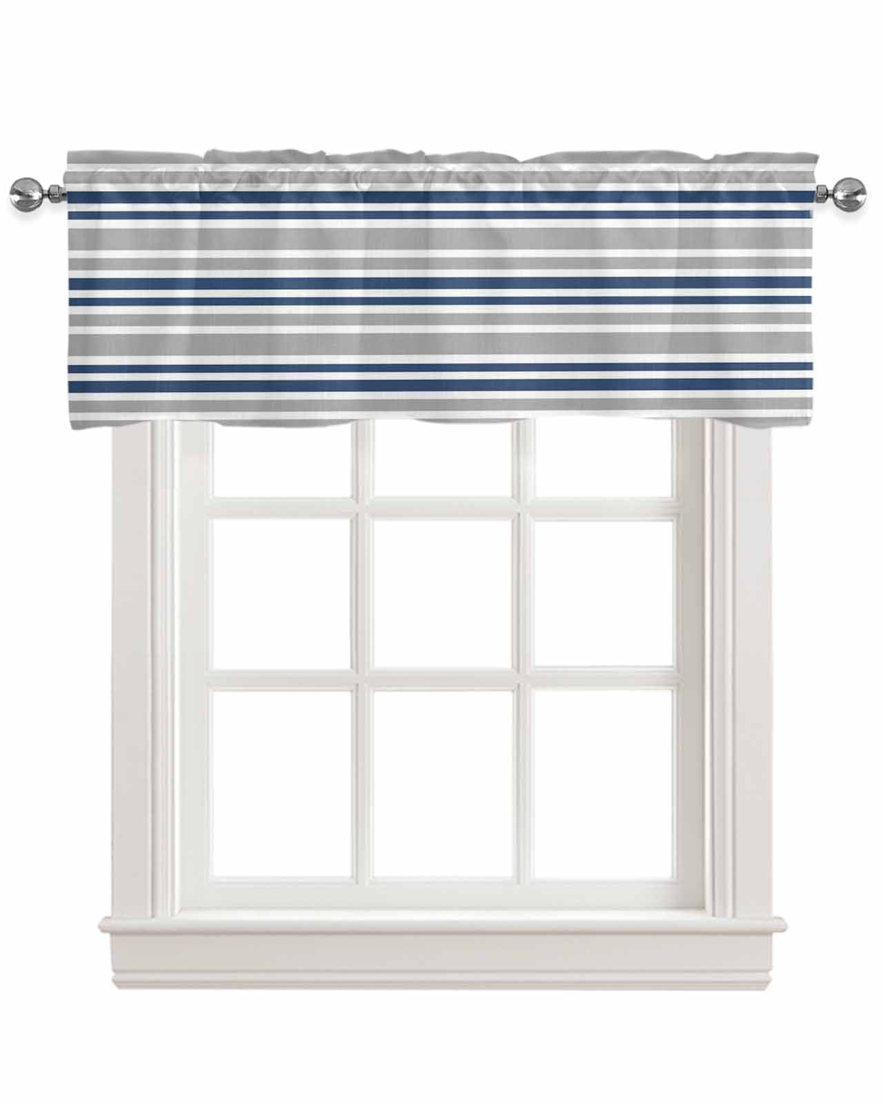 Navy Blue Grey Striped Kitchen Valances for Windows Farmhouse Linen ...