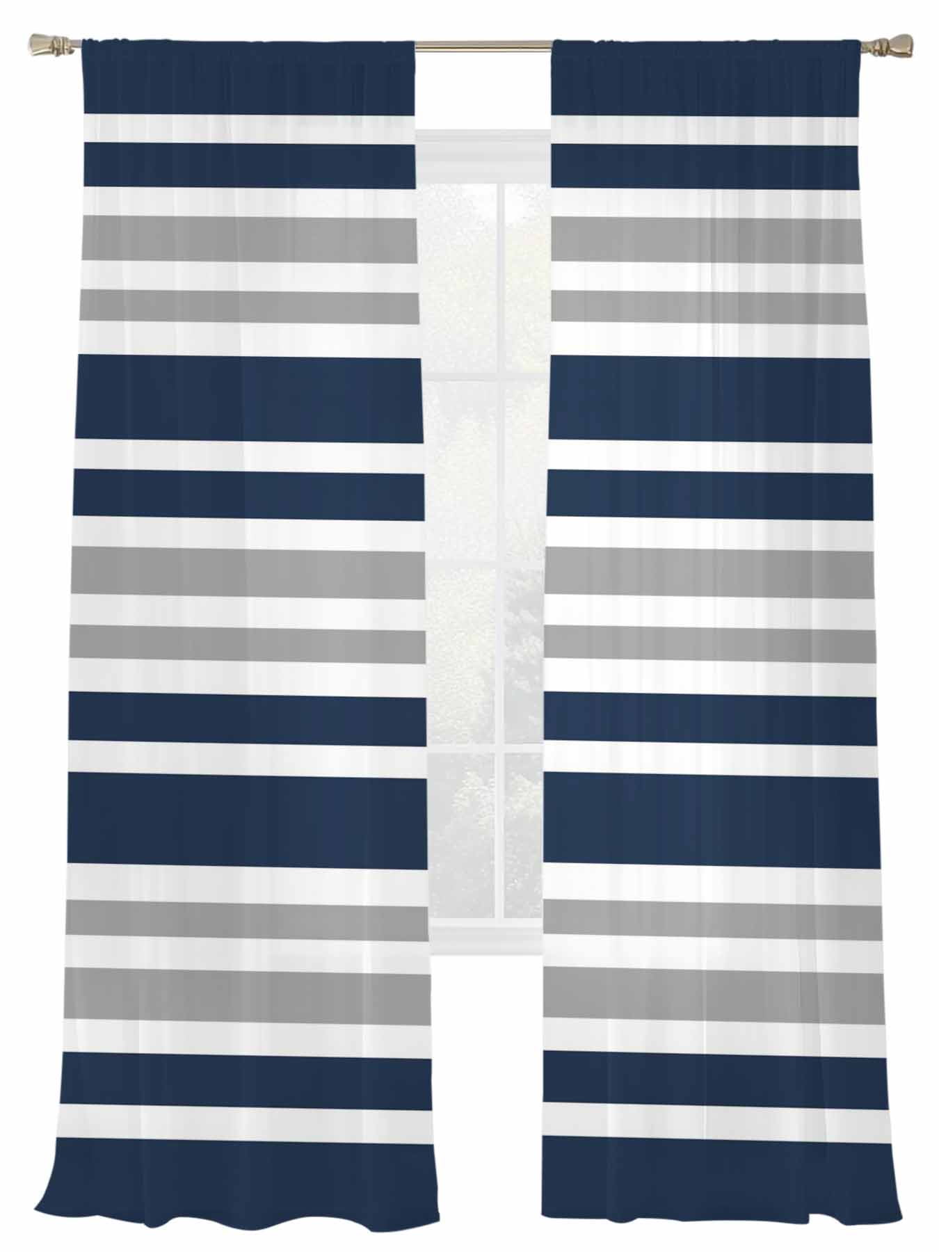 Navy Blue Grey Striped Sheer Curtains 96 Inch Length 2 Panels Set, Semi Transparent Voile Rod ...
