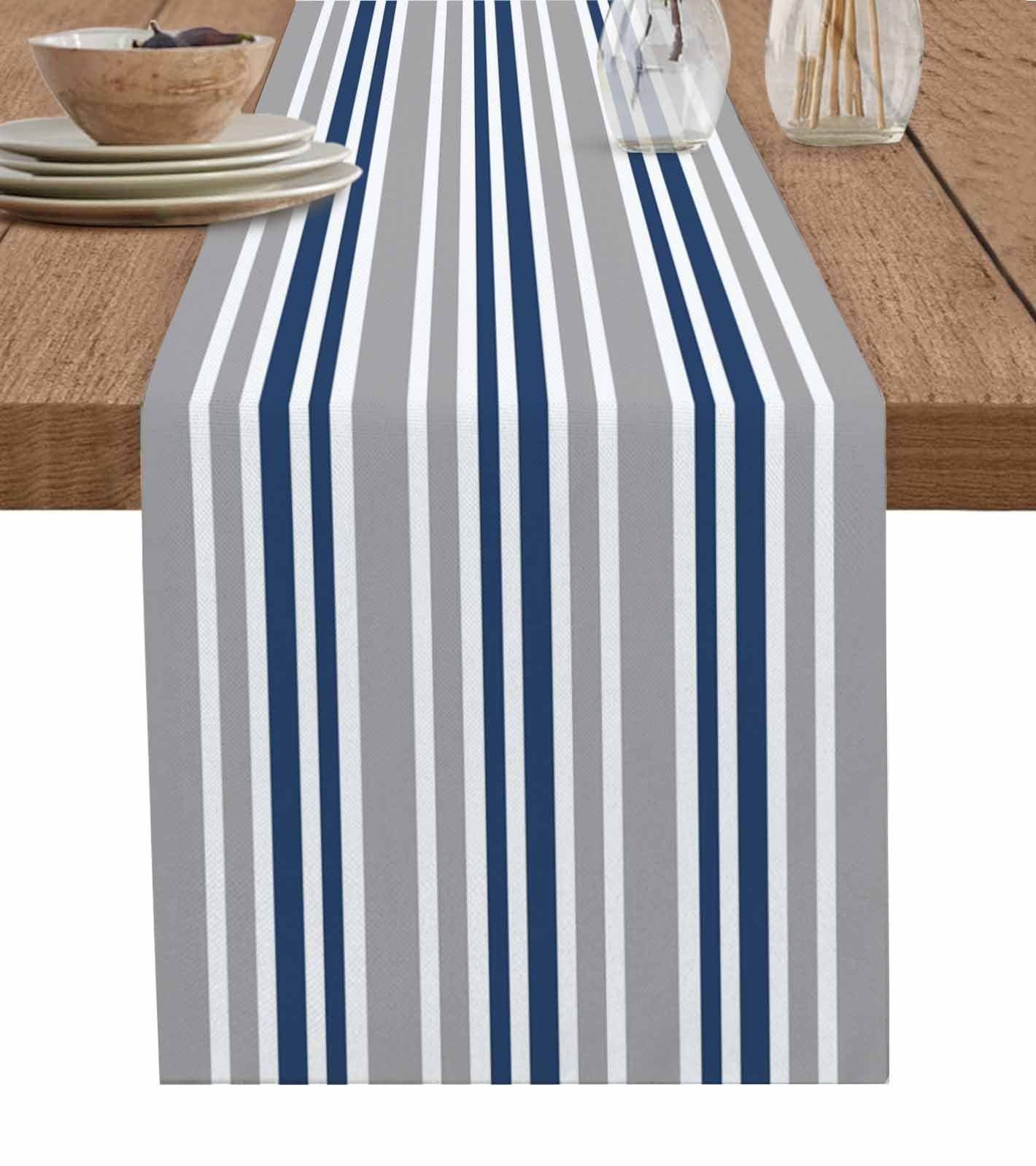 Navy Blue Grey Striped Short Table Runners 36 Inches, Cotton Linen ...