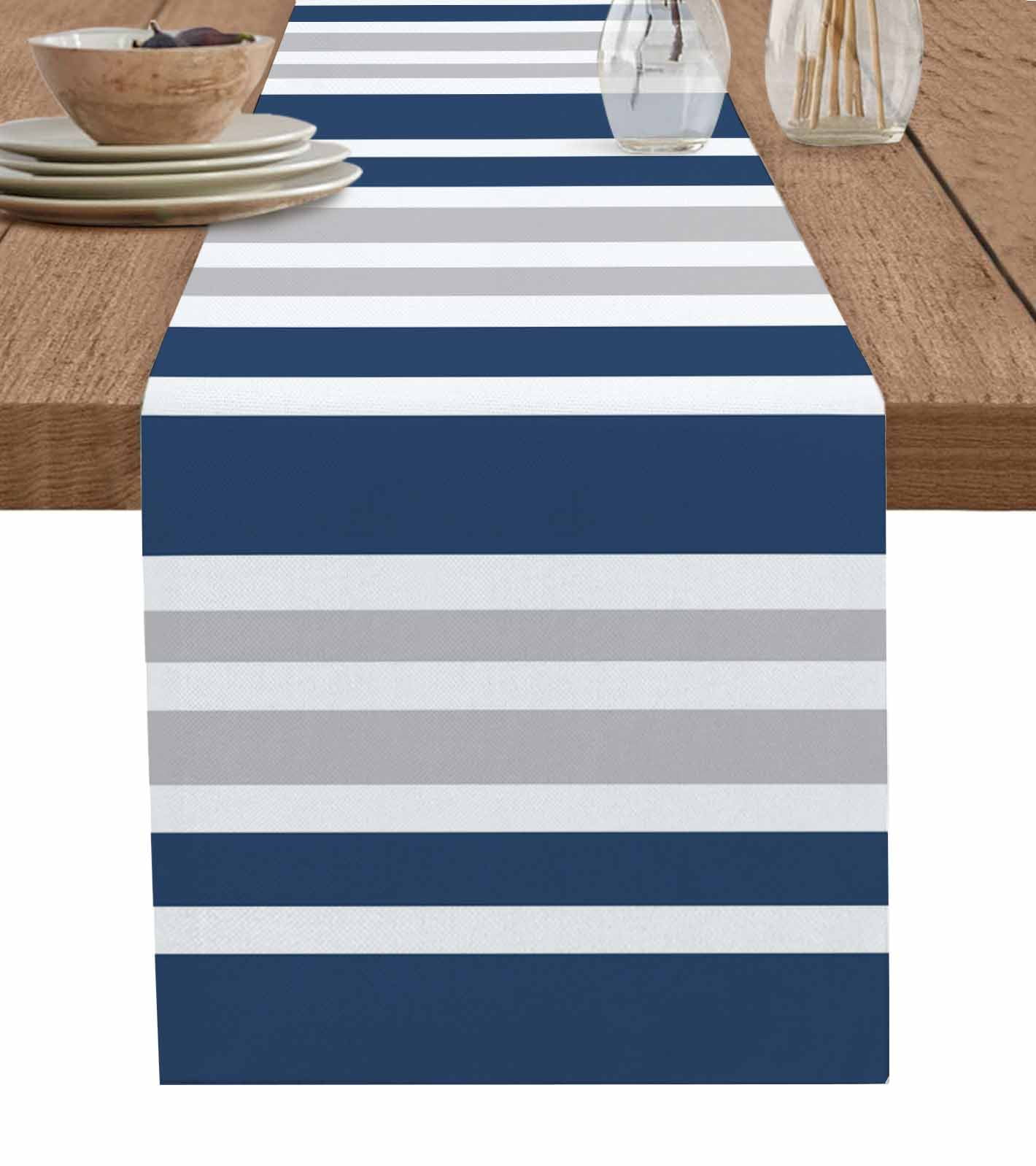 Navy Blue Grey Striped Table Runners 120 Inches Long, Cotton Linen ...