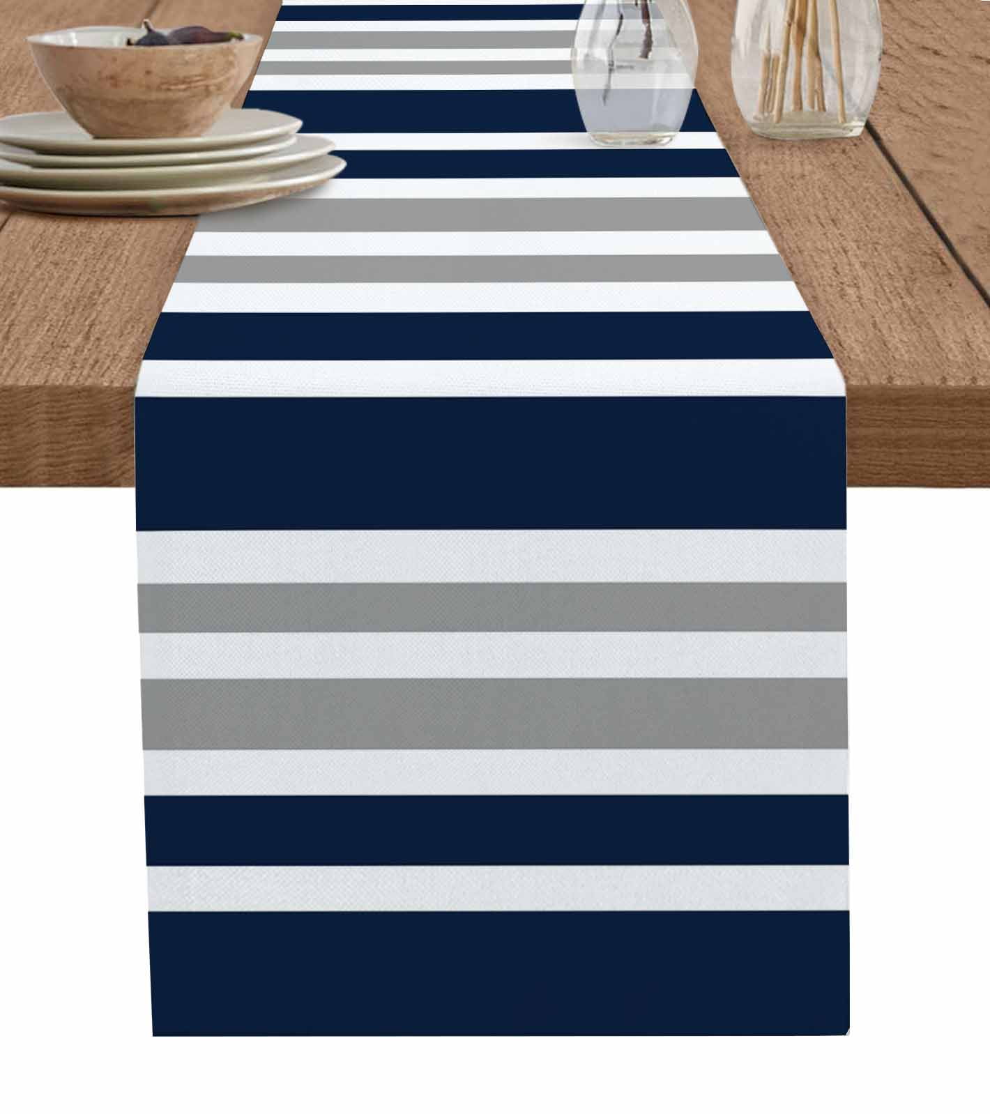 Navy Blue Grey Striped Table Runners 90 Inches Long, Cotton Linen ...