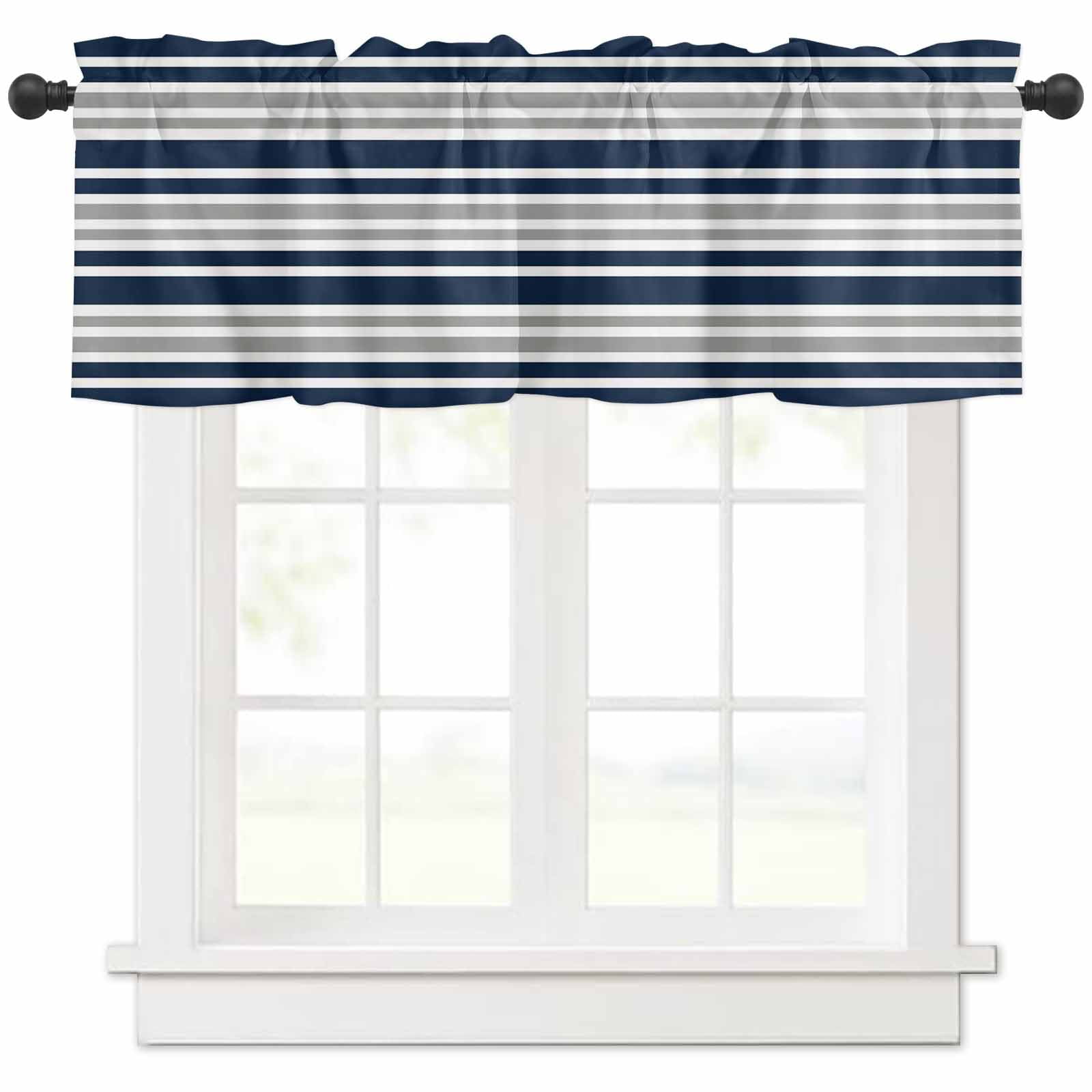 Navy Blue Grey Striped Valances for Windows Farmhouse Kitchen Curtains ...