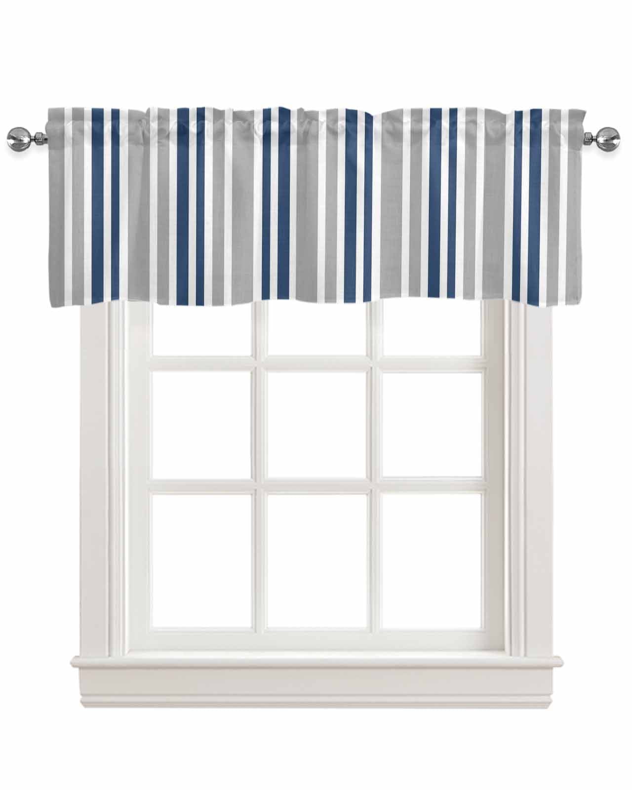 Navy Blue Grey Stripes Kitchen Valances for Windows Farmhouse Linen ...