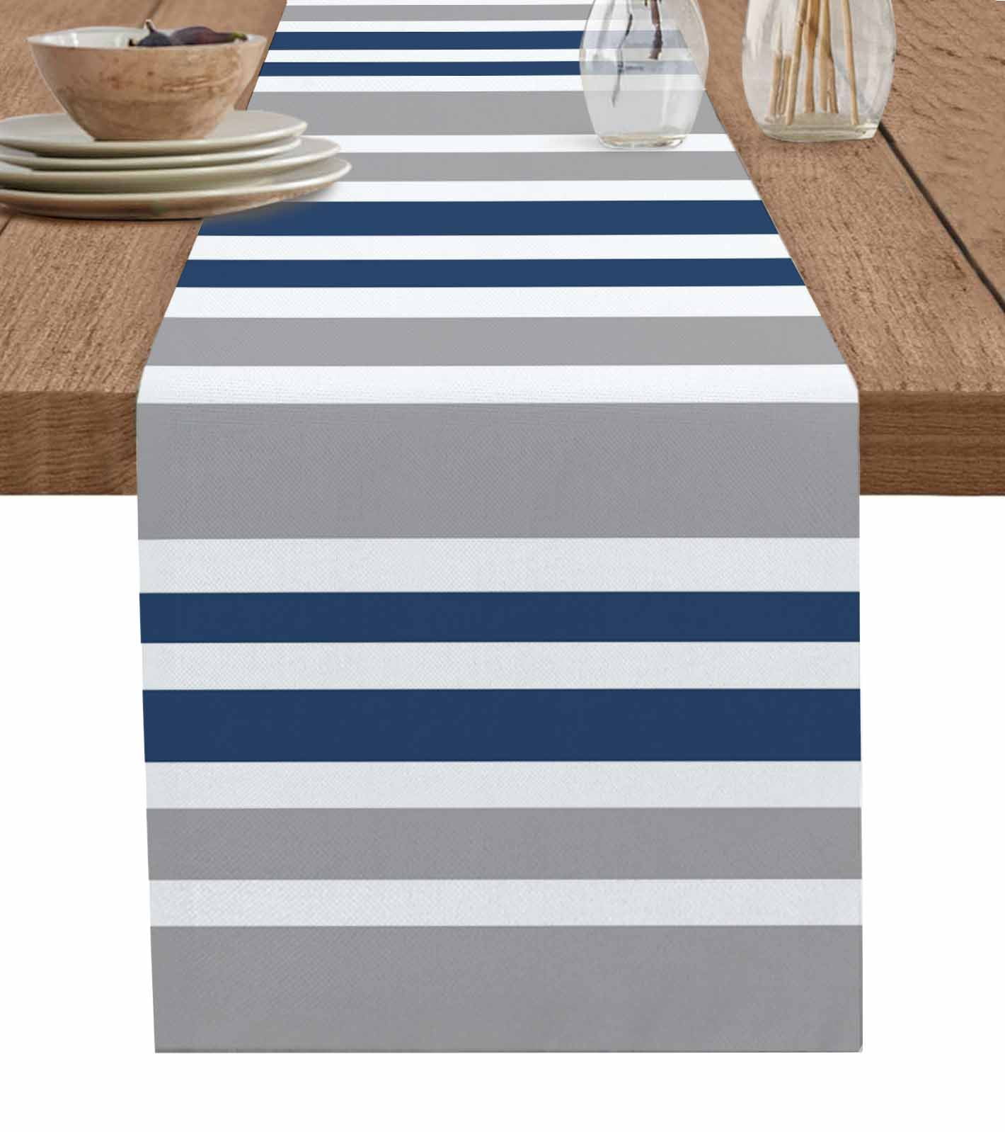 Navy Blue Grey Stripes Short Table Runners 36 Inches, Cotton Linen ...