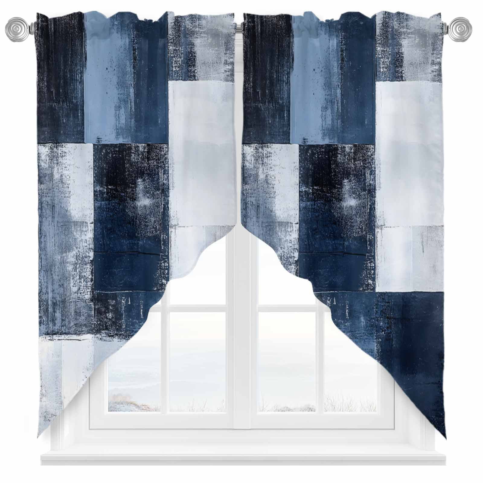 Navy Blue Grey Swag Valances for Windows 2 Pack Abstract Painting Art ...
