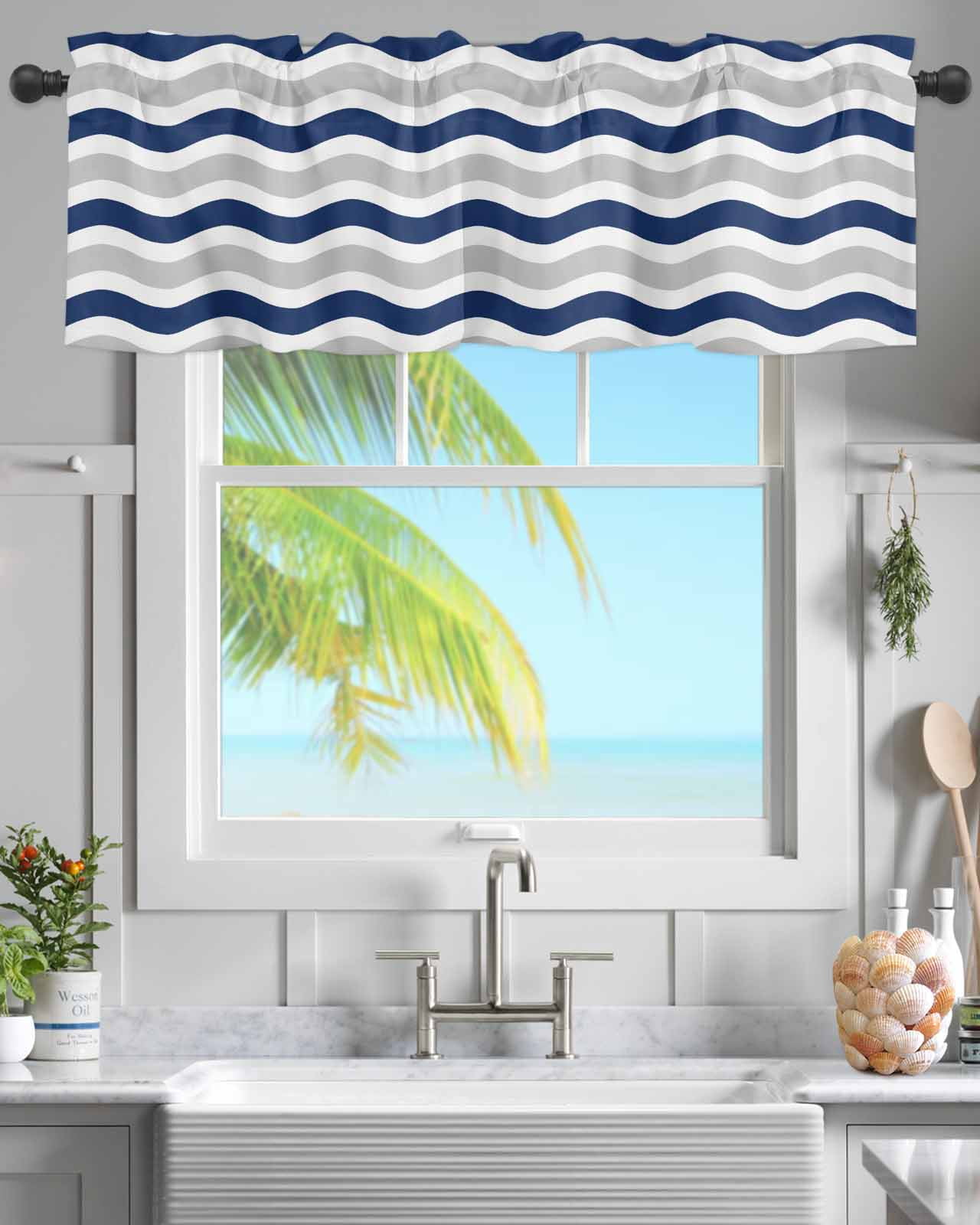 Navy Blue Grey Wave Curtain Valances for Kitchen Windows,Rod Pocket ...