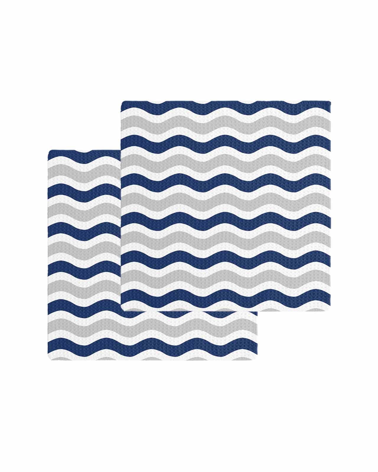 Navy Blue Grey White Kitchen Dish Towels for Drying Dishes Set of 2, Abstract Geometric Ocean ...