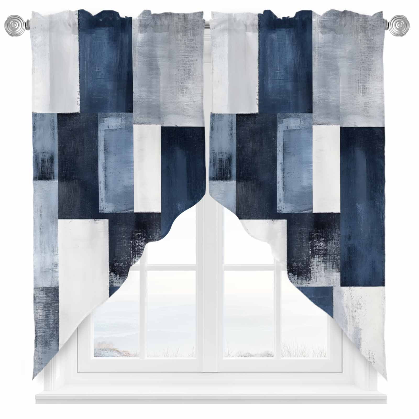 Navy Blue Grey White Swag Valances for Windows 2 Pack Abstract Art ...