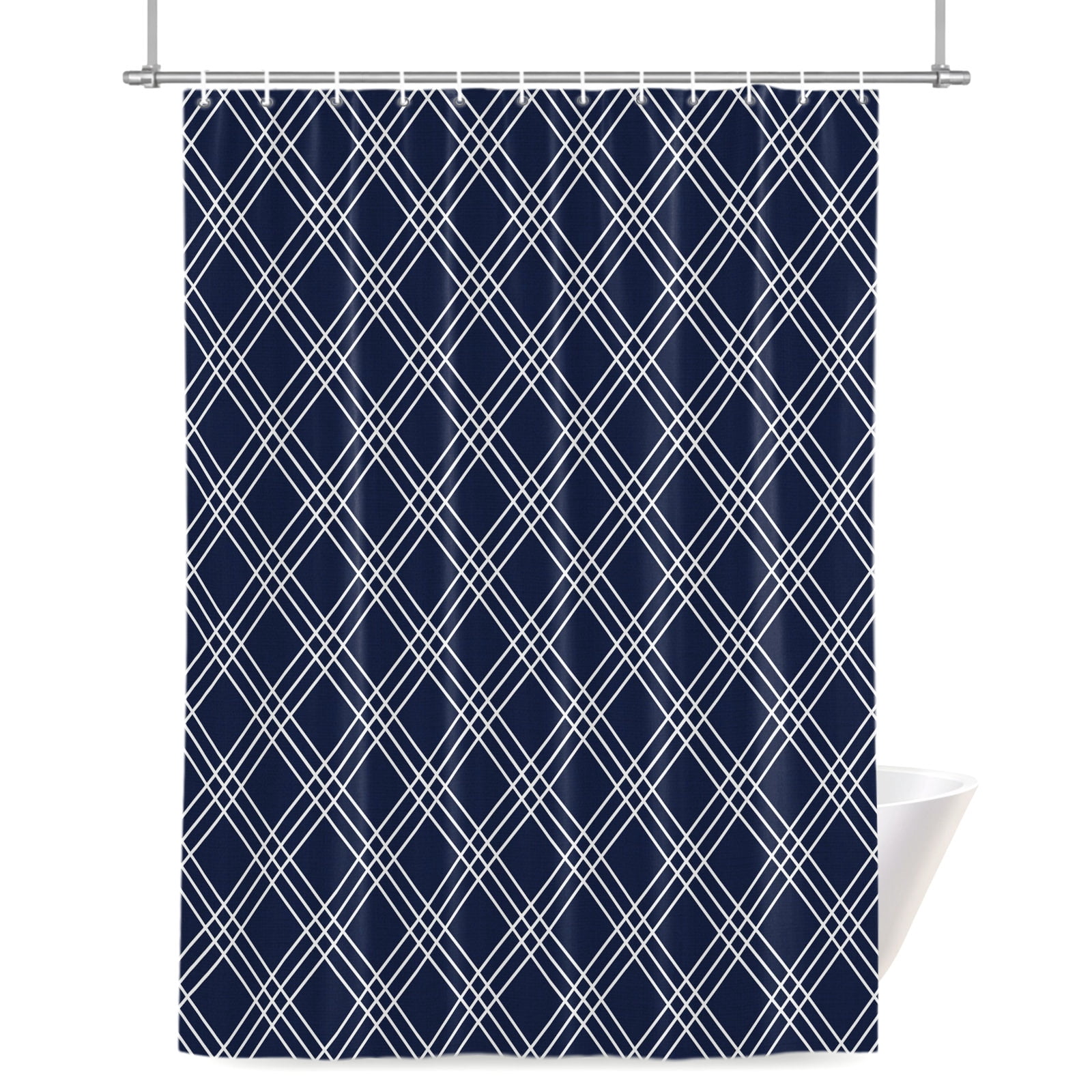 Navy Blue Grid Shower Curtain, Modern Minimalist Classic White Lines ...