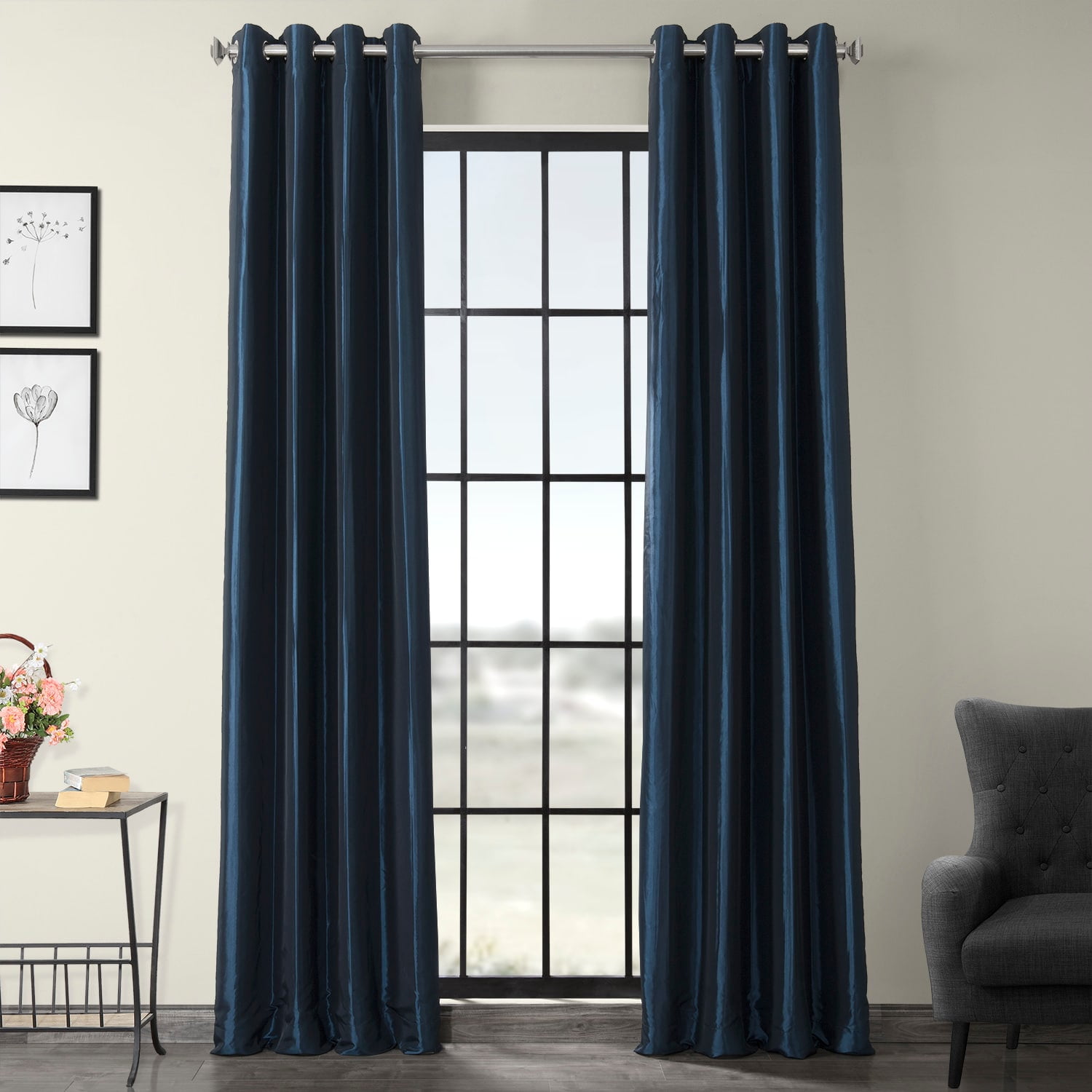 Navy Blue Grommet Blackout Faux Silk Taffeta Curtain (1 Panel), Navy ...