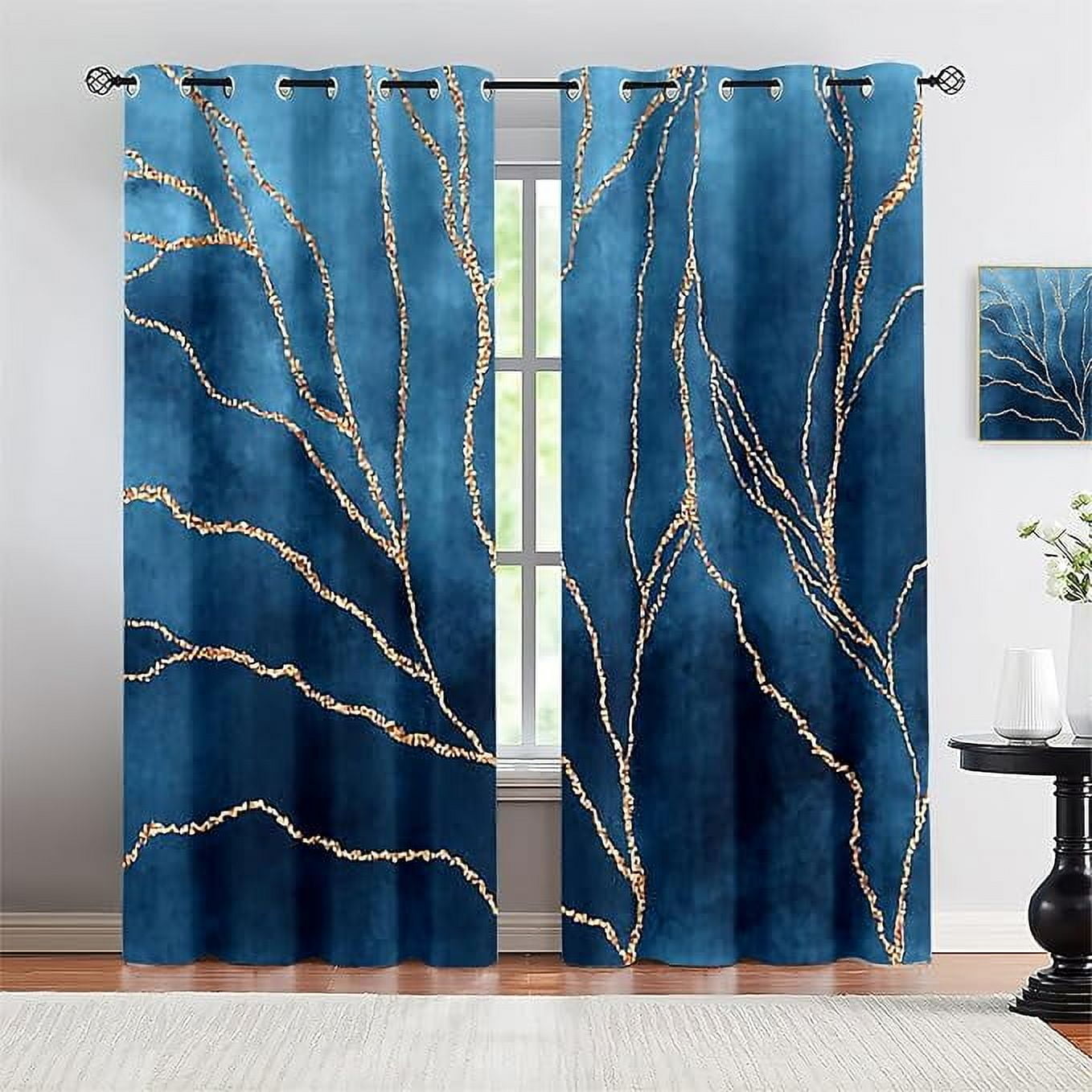 Navy Blue Grommet Curtains, 2 Panels Modern Luxury Blackout Window ...