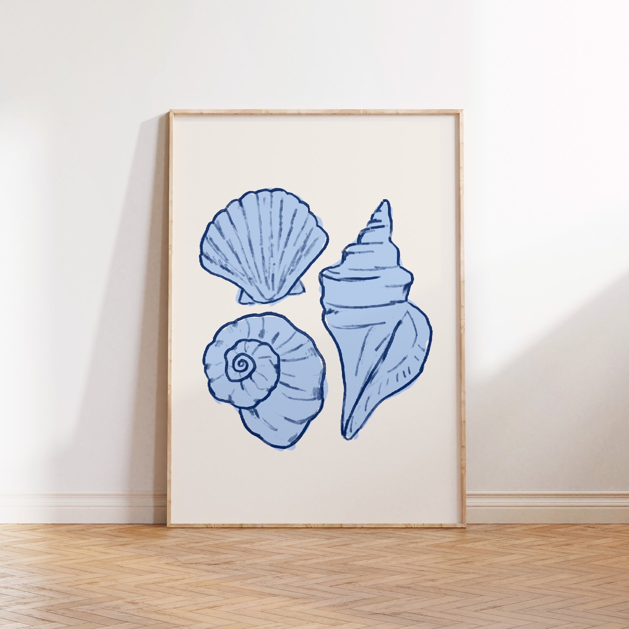 Navy Blue Hand Drawn Seashells Print, Simple Coastal Art, Light Blue ...