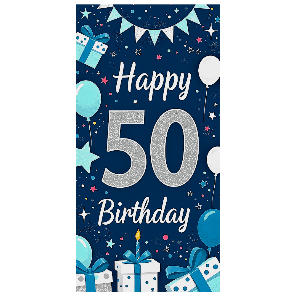 Navy Blue Happy 50 Birthday Banner with Glittery Numbers Balloons Stars ...