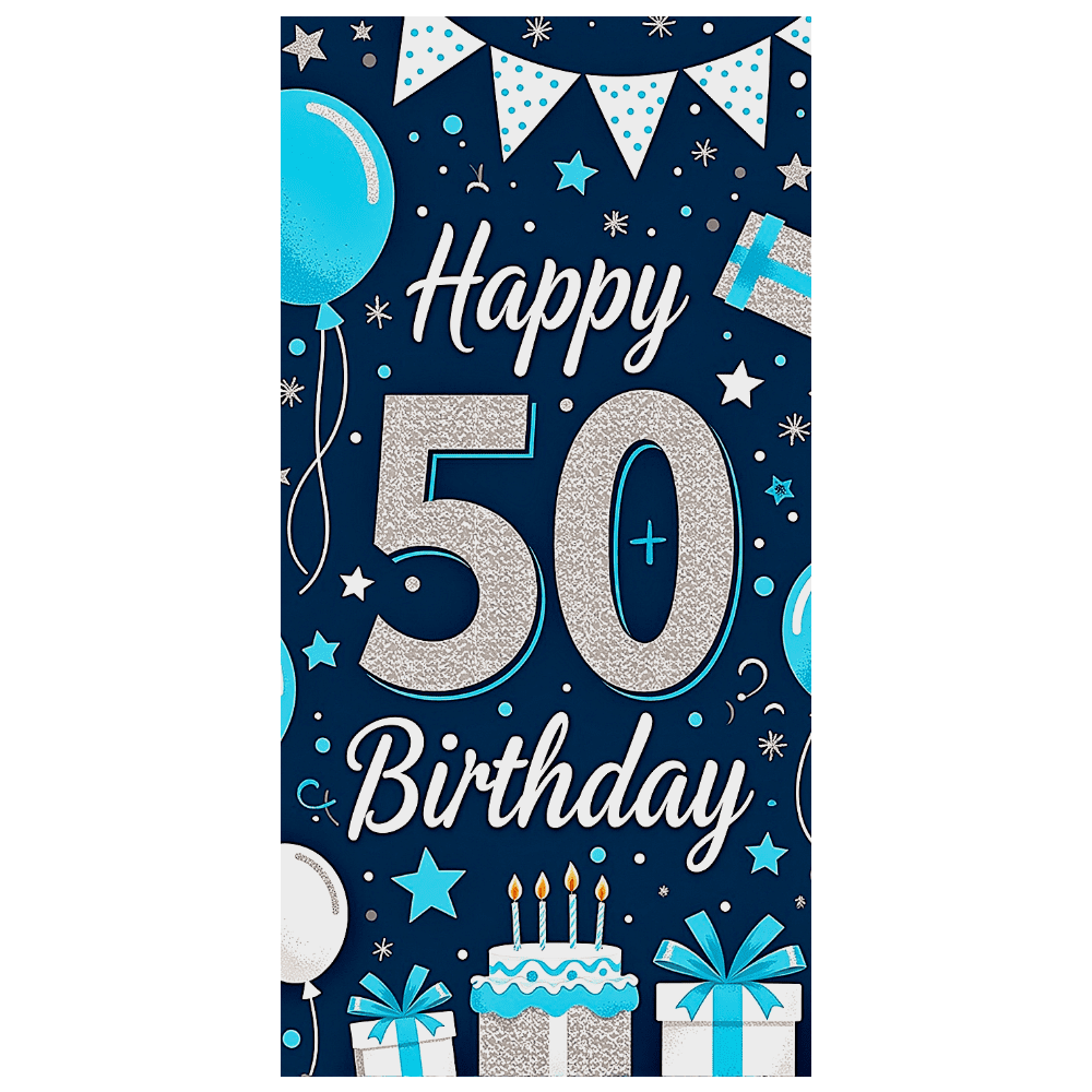 Navy Blue Happy 50 Birthday Banner with Glittery Numbers Balloons Stars ...
