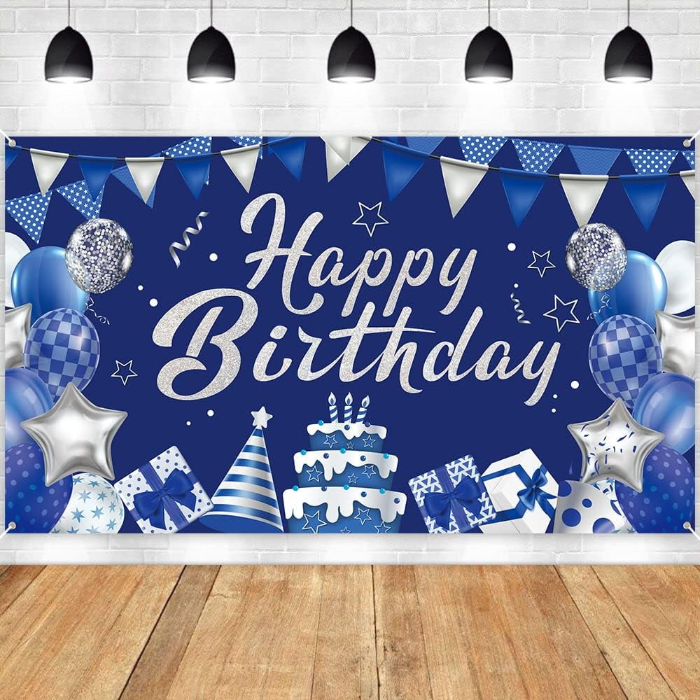 Navy Blue Happy Birthday Backdrop Banner Silver Background Cake Balloon Gift Ribbon Bday Party ...