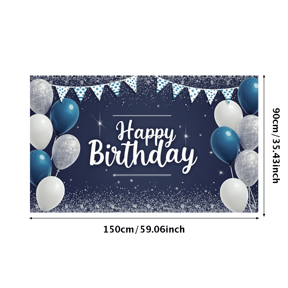 Navy Blue Happy Birthday Backdrop Banner with Silver Blue Balloons Bunting Lights Decors for ...