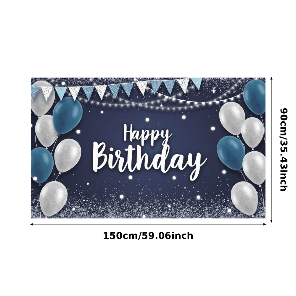 Navy Blue Happy Birthday Backdrop Banner with Silver Blue Balloons Bunting Lights Decors for ...