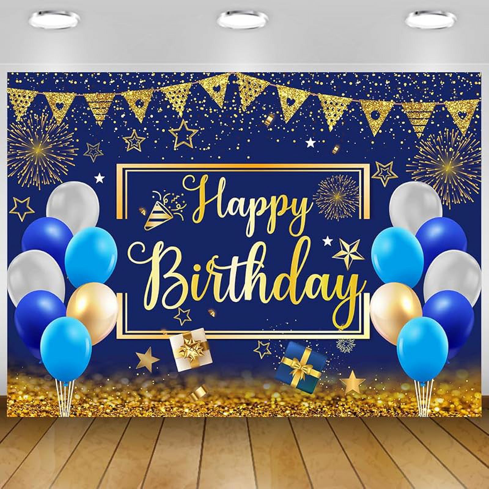 Navy Blue Happy Birthday Backdrop for Men Polyester Glitter Balloons Stars Happy Birthday Banner ...