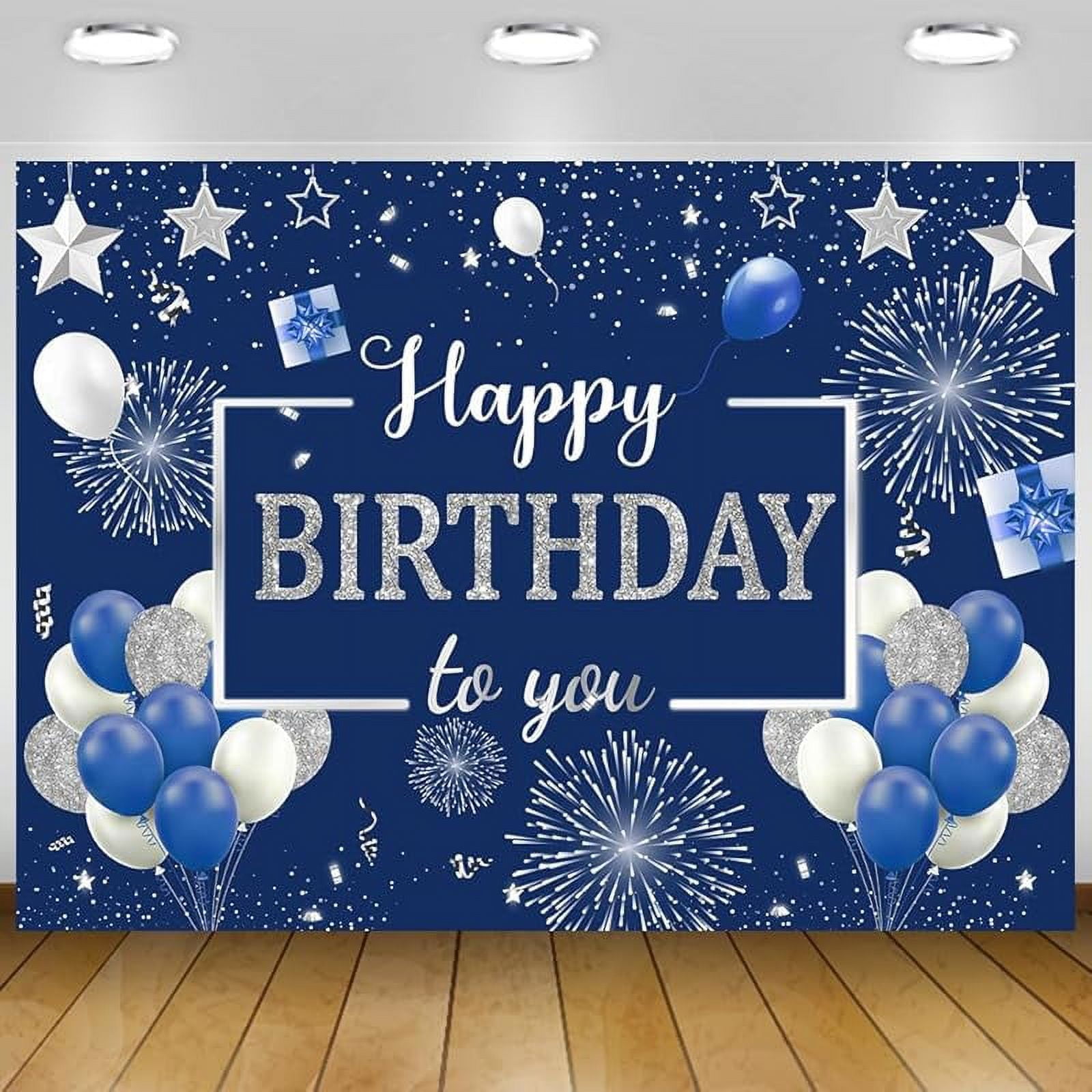 Navy Blue Happy Birthday Backdrop for Men Polyester Glitter Balloons Stars Happy Birthday Banner ...