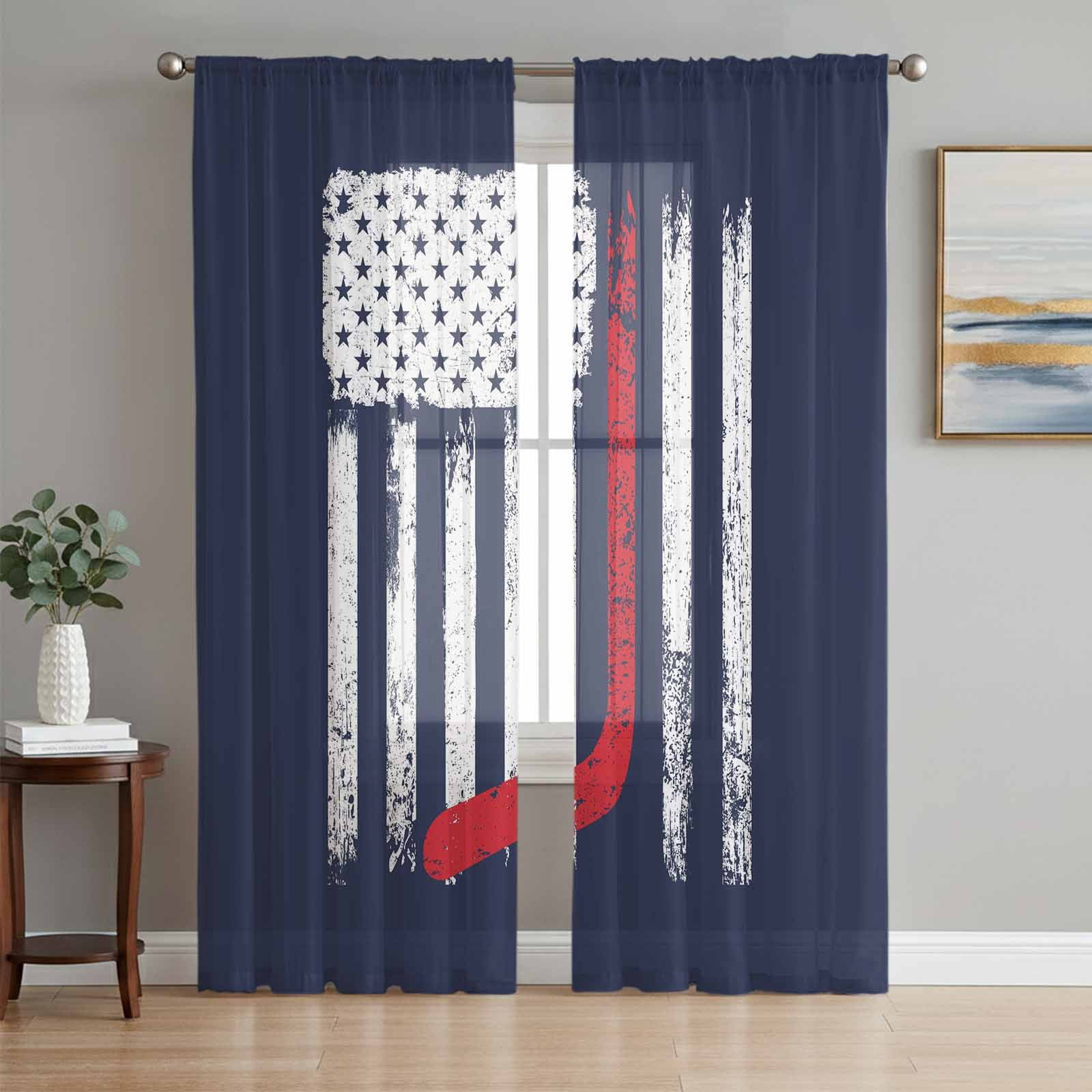 Navy Blue Hockey American Flag Sheer Curtains 96 Inch Length 2 Panels ...