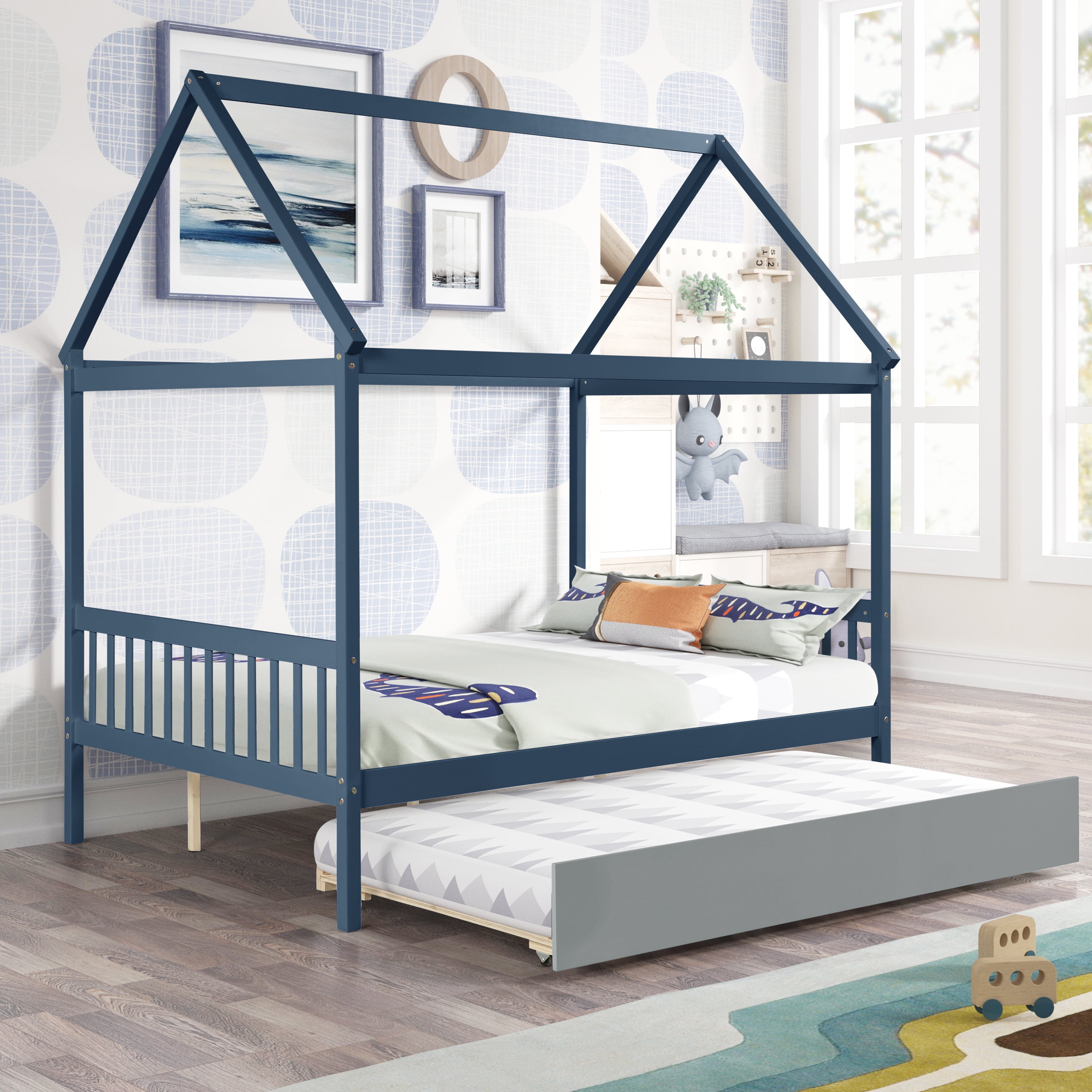 Navy Blue House Full Bed Frame With Trundle Of Grey Color - Walmart.com