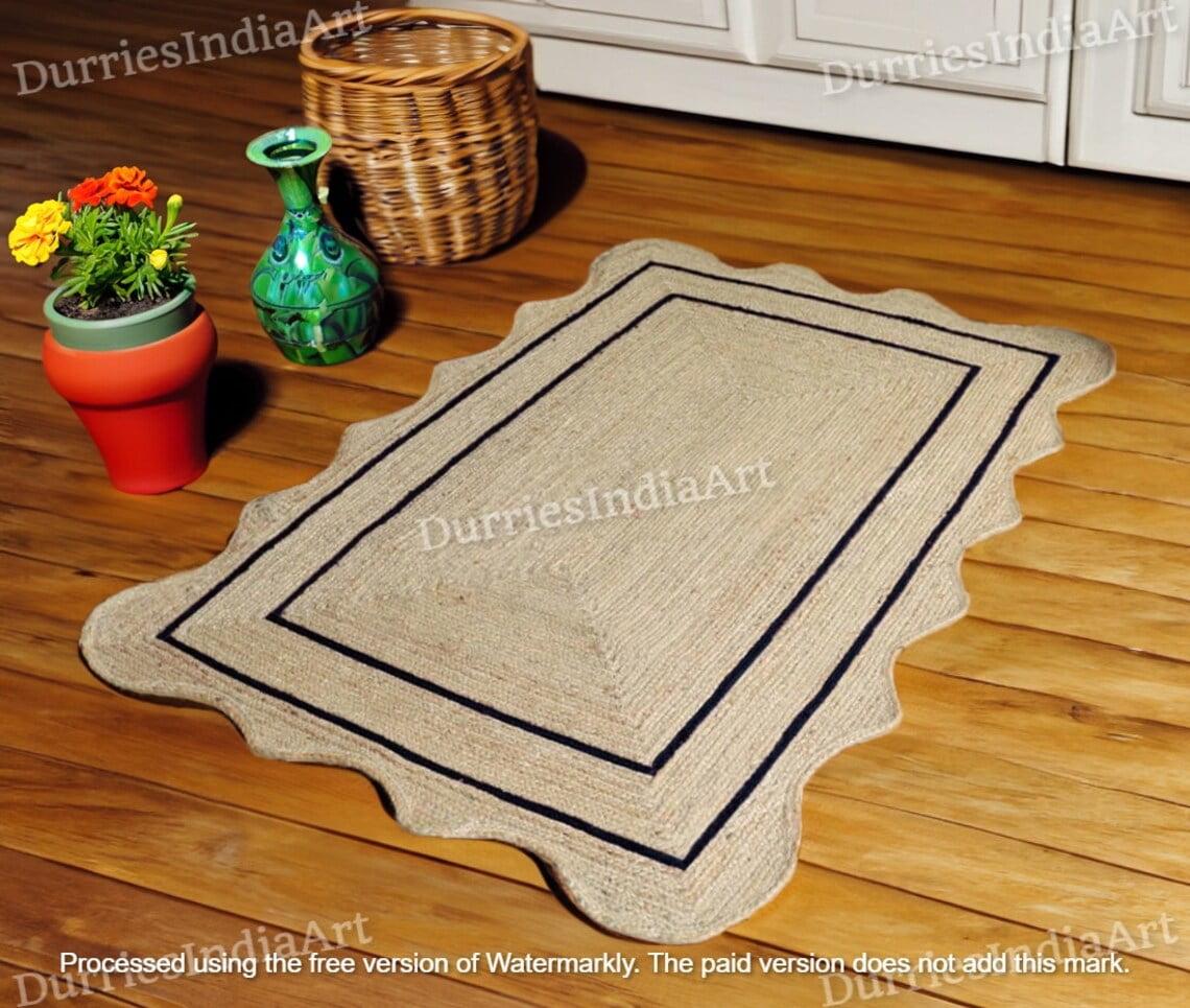 Navy Blue Jute Scalloped Rug, Bohemian Rug, Natural Jute Rug, Boho ...