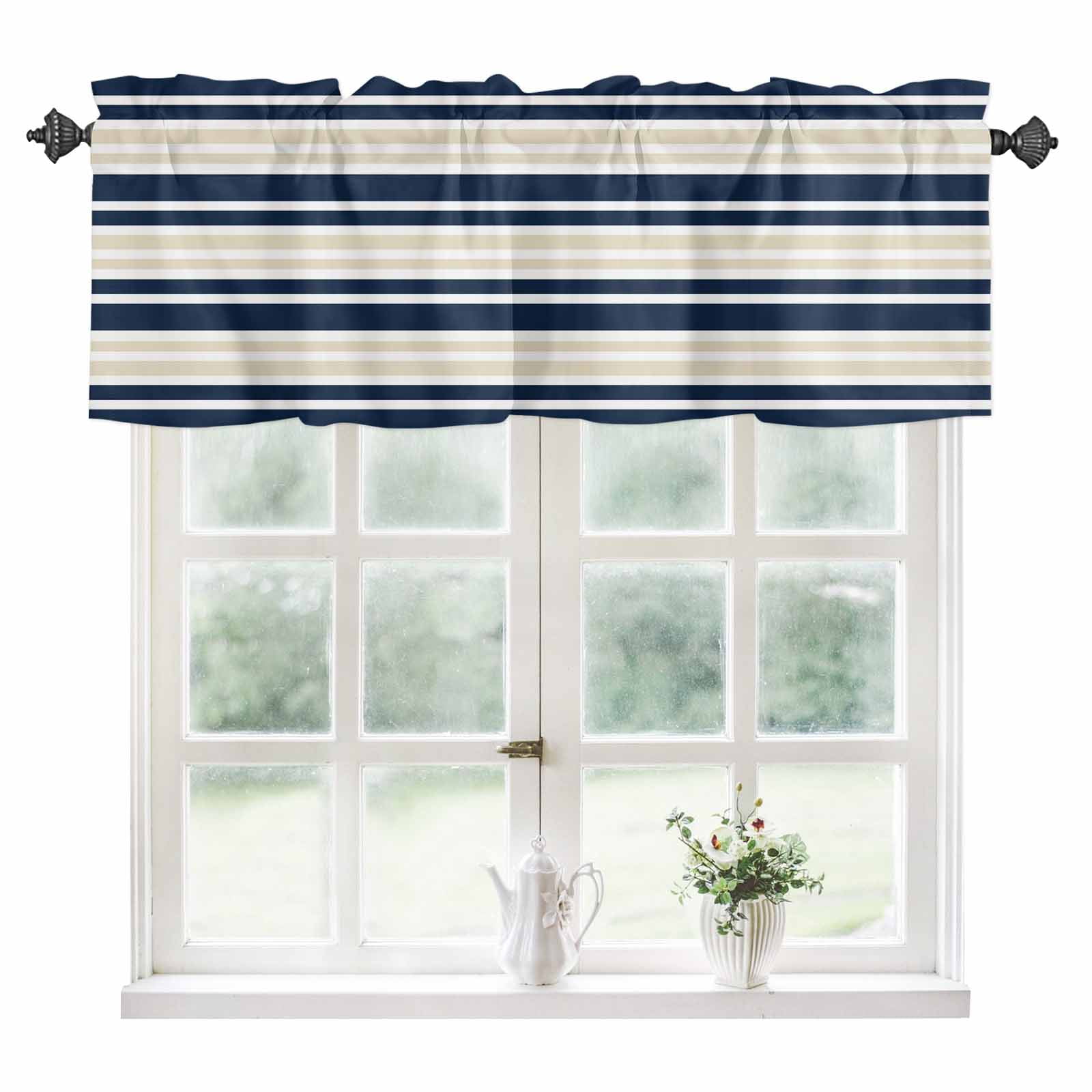 Navy Blue Khaki Striped Kitchen Valances for Windows 60x18 Inch Kitchen ...