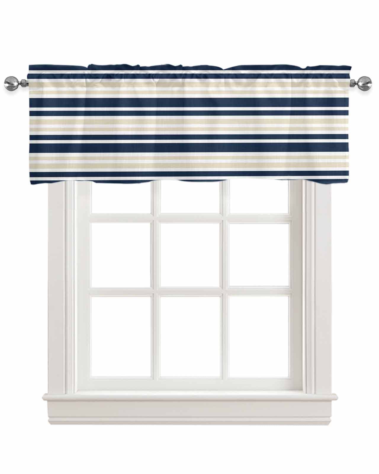 Navy Blue Khaki Striped Kitchen Valances for Windows Farmhouse Linen ...