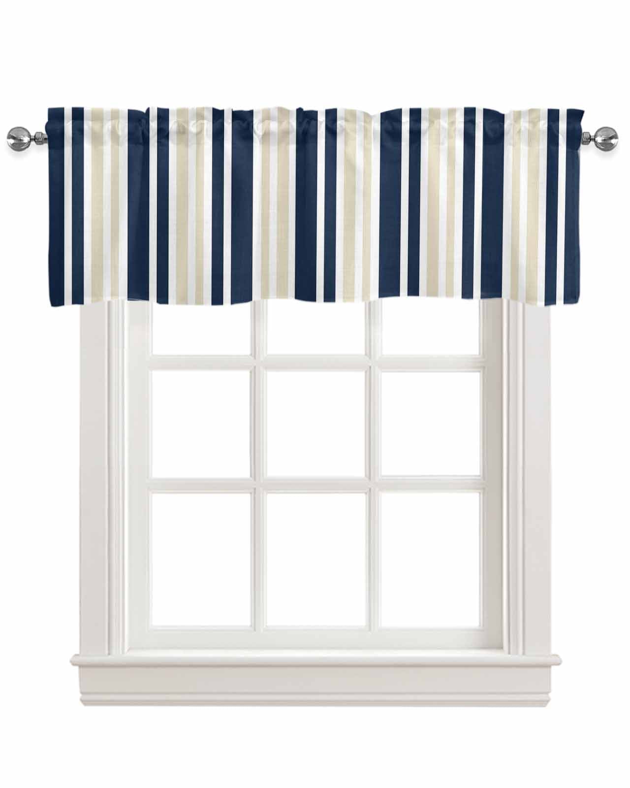 Navy Blue Khaki Striped Kitchen Valances for Windows Farmhouse Linen ...