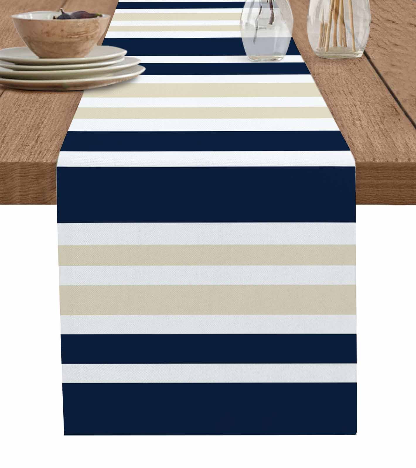 Navy Blue Khaki Striped Short Table Runners 48 Inches, Cotton Linen ...